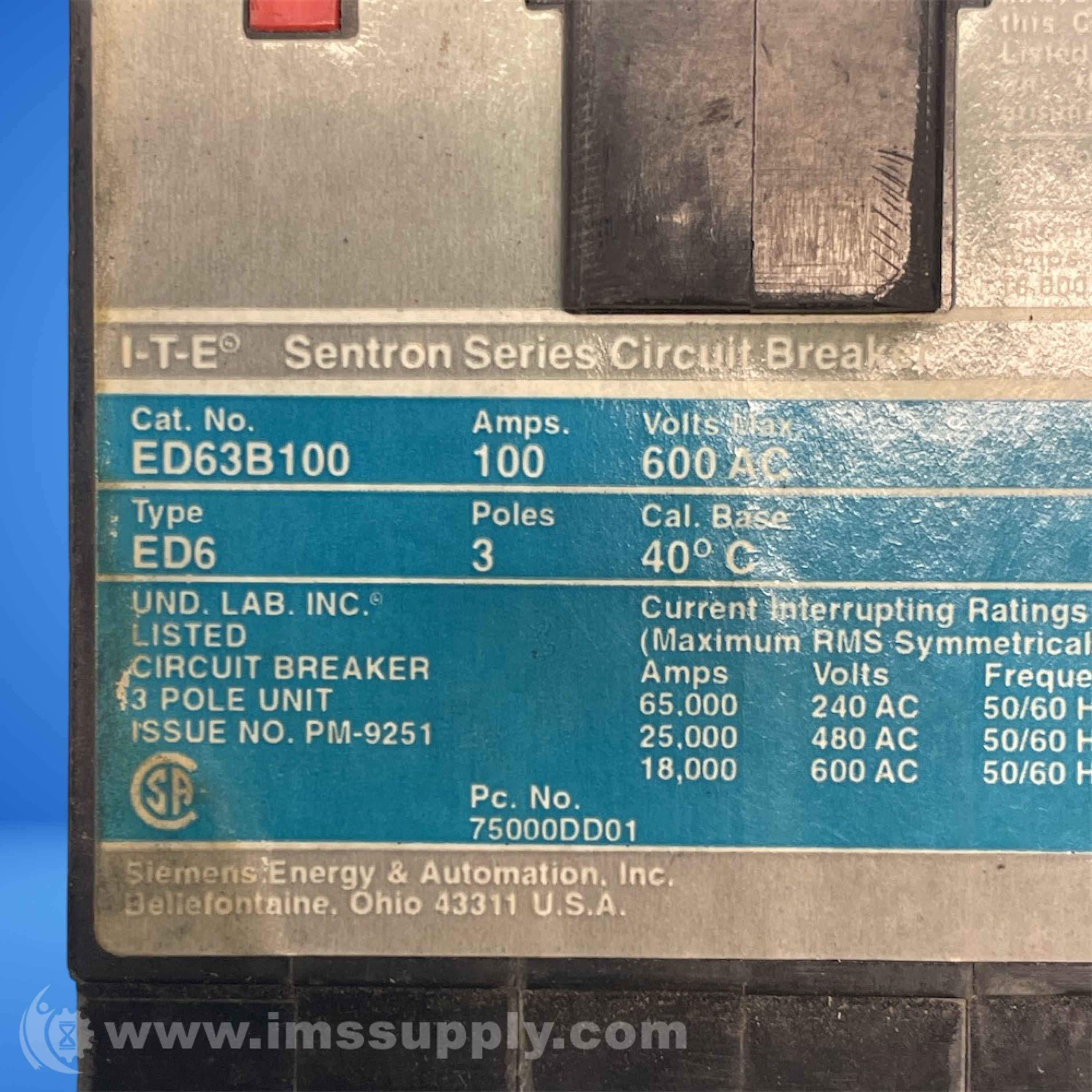Siemens ED63B100 Circuit Breaker, 3-Poles, 100A, 600V - IMS Supply