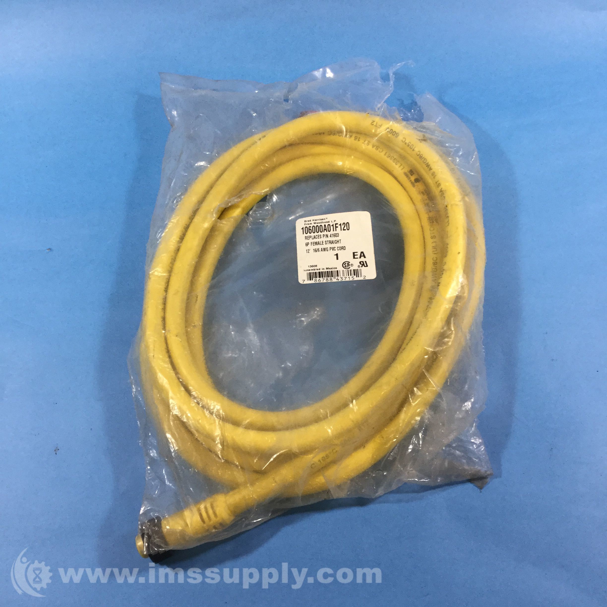 Woodhead 106000A01F120 Yellow Cordset, Single-Ended Straight - IMS Supply