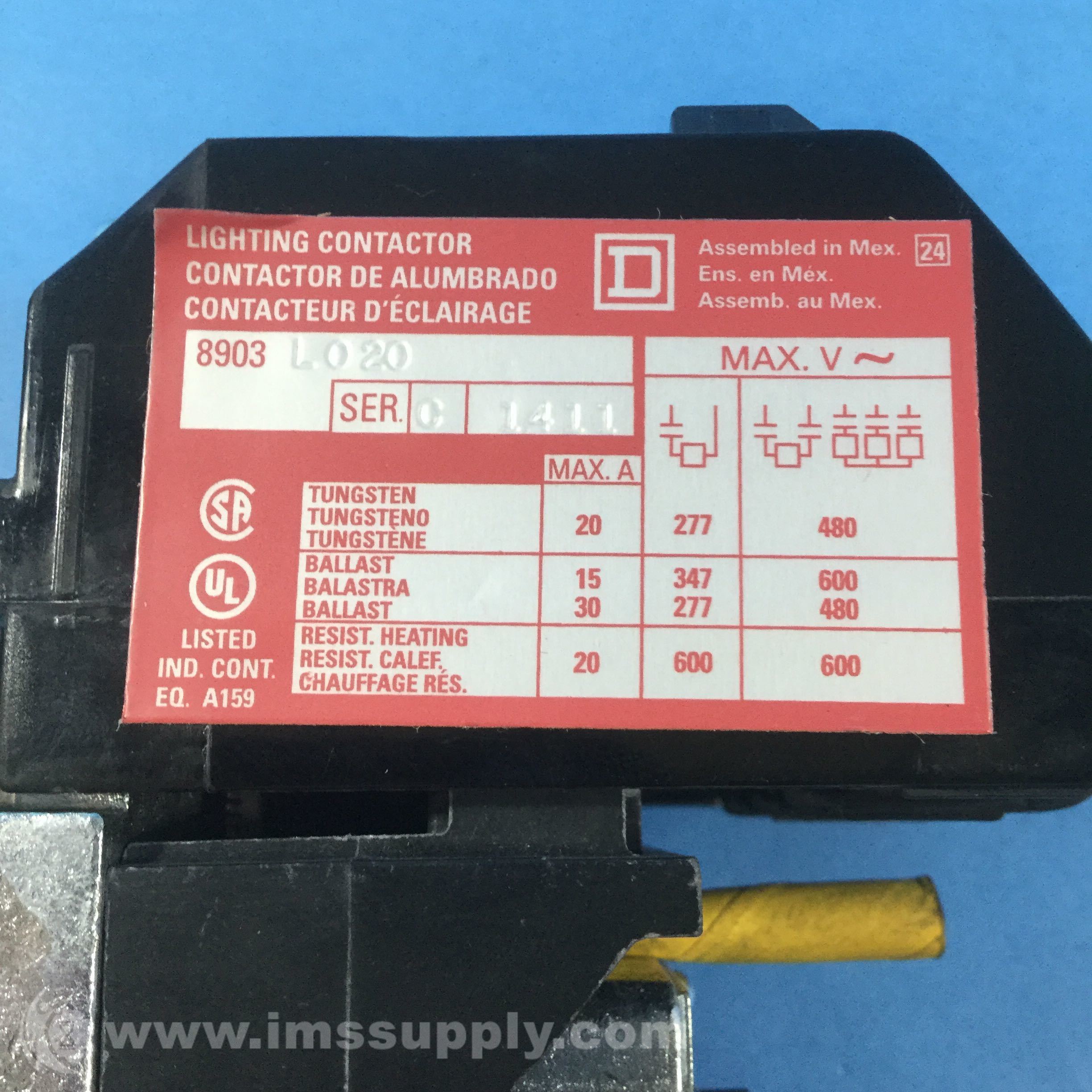 Square D 8903-LO20V02 Lighting Contactor, 600VAC, 30A - IMS Supply