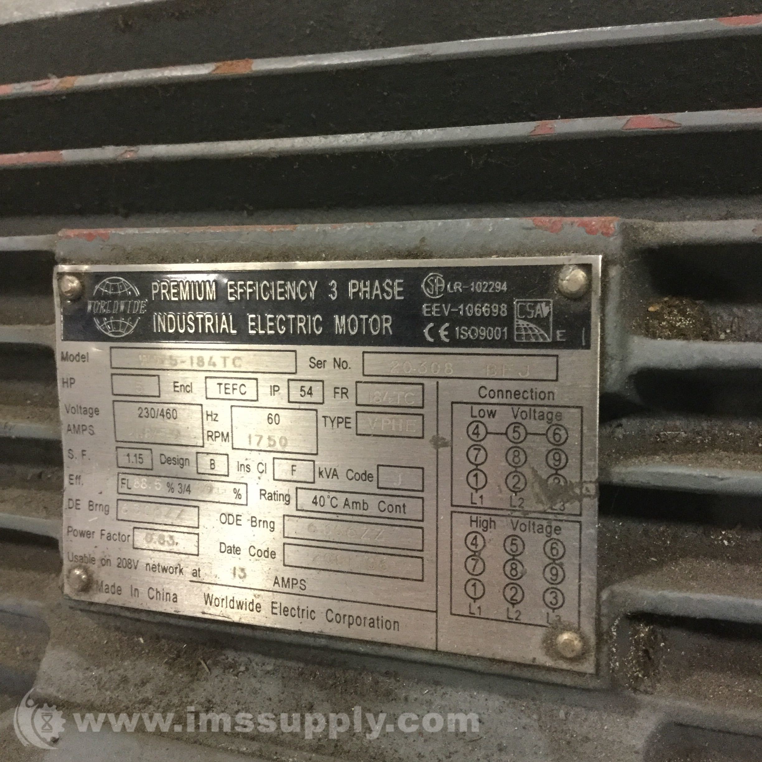 Worldwide Electric Corp. WW5-184TC T-Frame Motor - IMS Supply