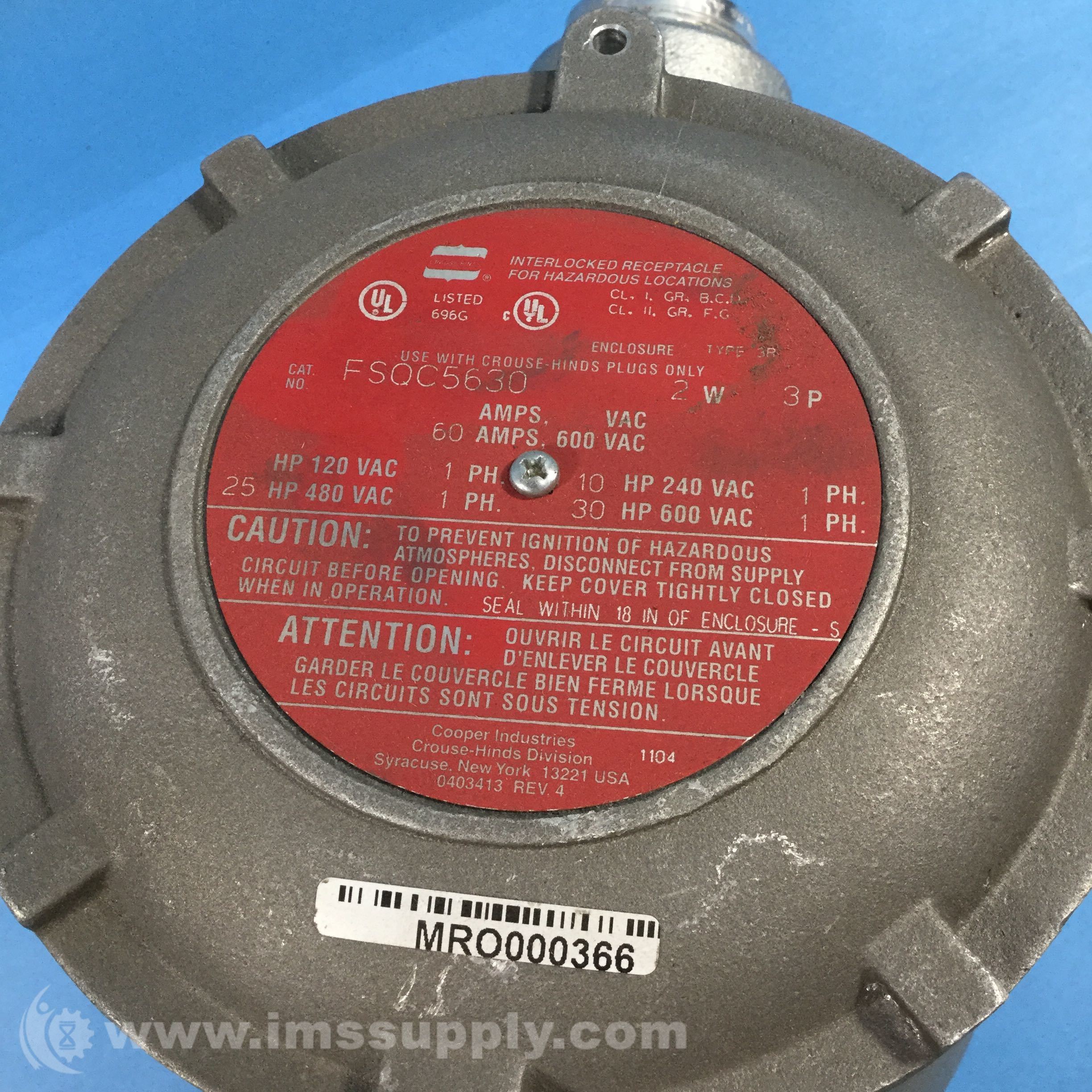 Crouse Hinds FSQC5630 Spring Door Interlocked Receptacle, 2 Wire - IMS ...