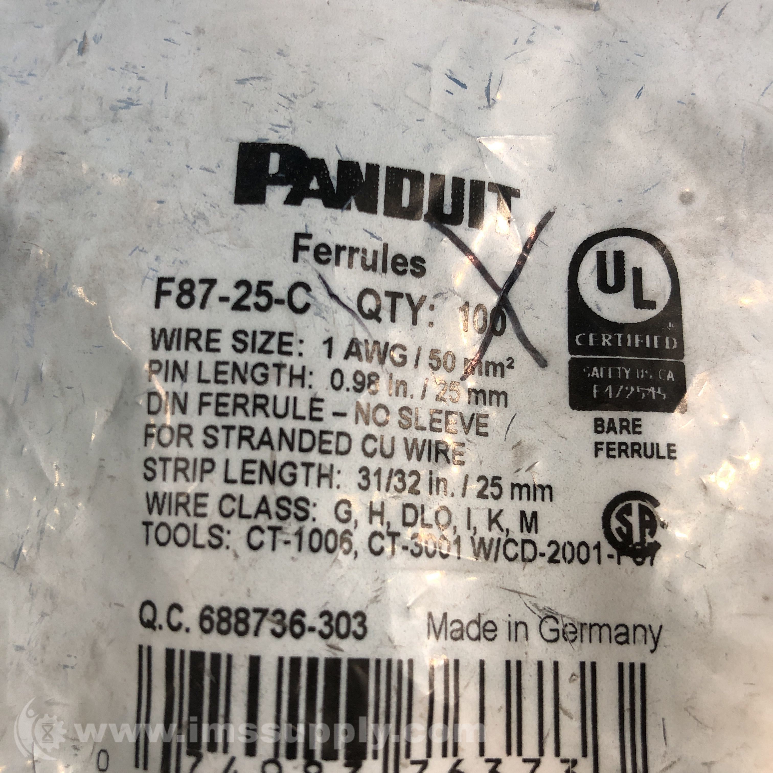 Panduit F87-25-C Bag of 100 Single Wire Ferrules, Bare, 1/0 AWG, - IMS ...