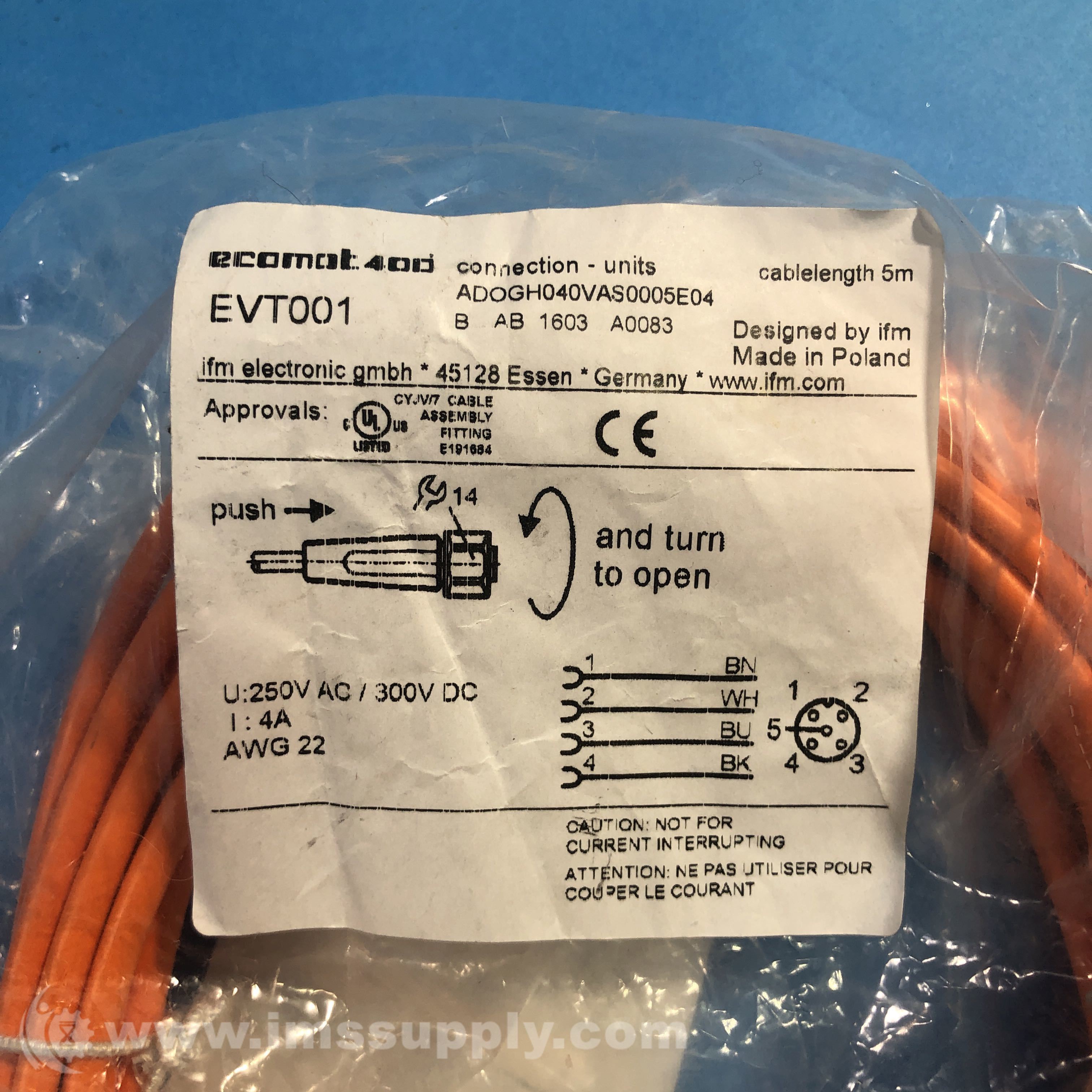 Ifm EVT001 Orange 5m PVC Cordset - IMS Supply