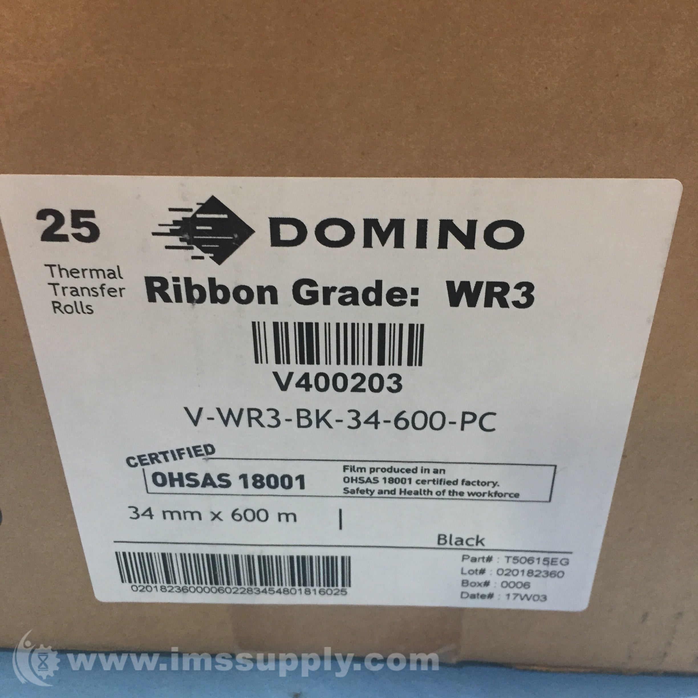 Domino V-WR3-BK-34-600-PC Box of 25 Thermal Transfer Ribbon Rolls - IMS ...
