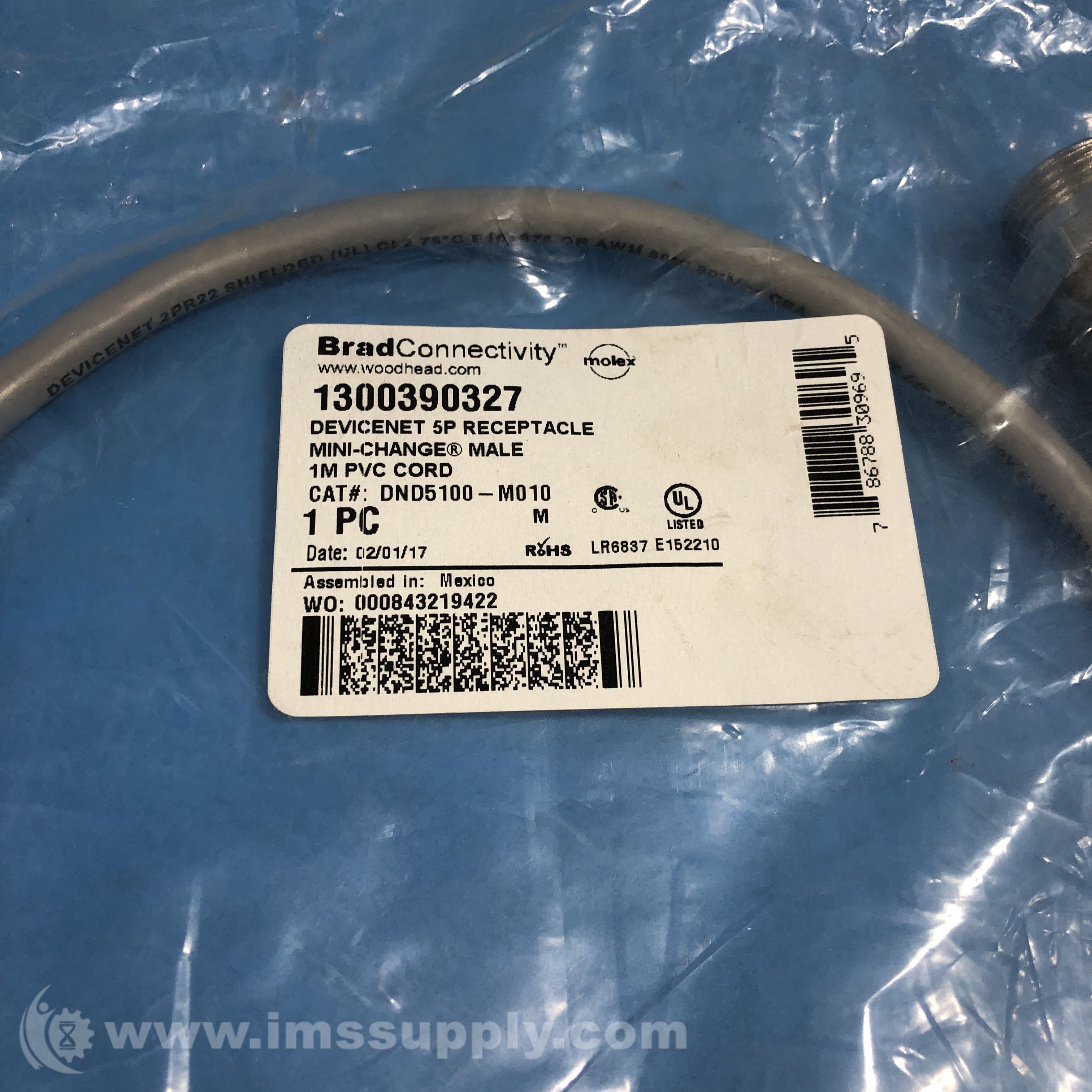Molex DND5100-M010 Devicenet Cordset, 5P - IMS Supply