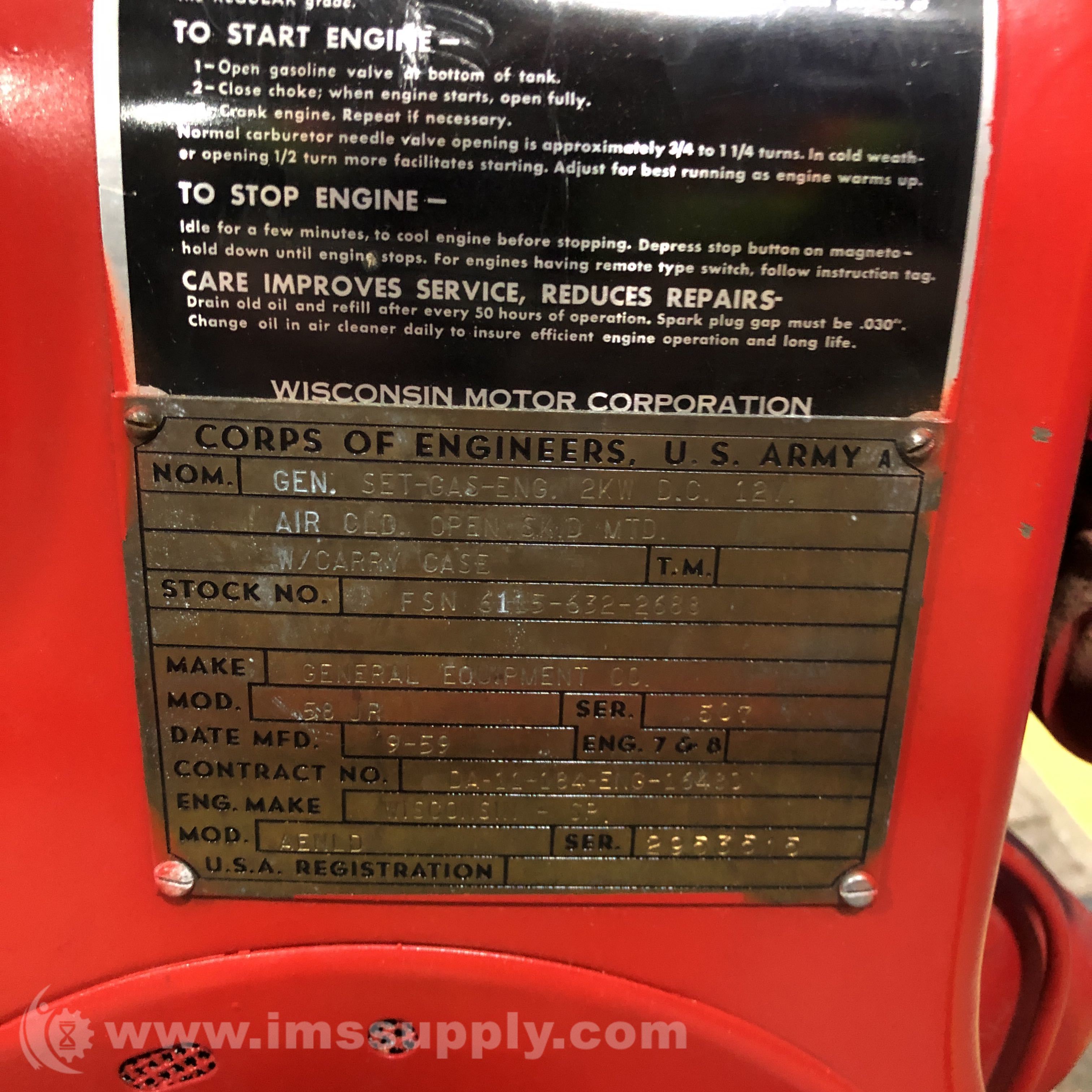 Wisconsin Engine AENLD Vintage Generator - IMS Supply