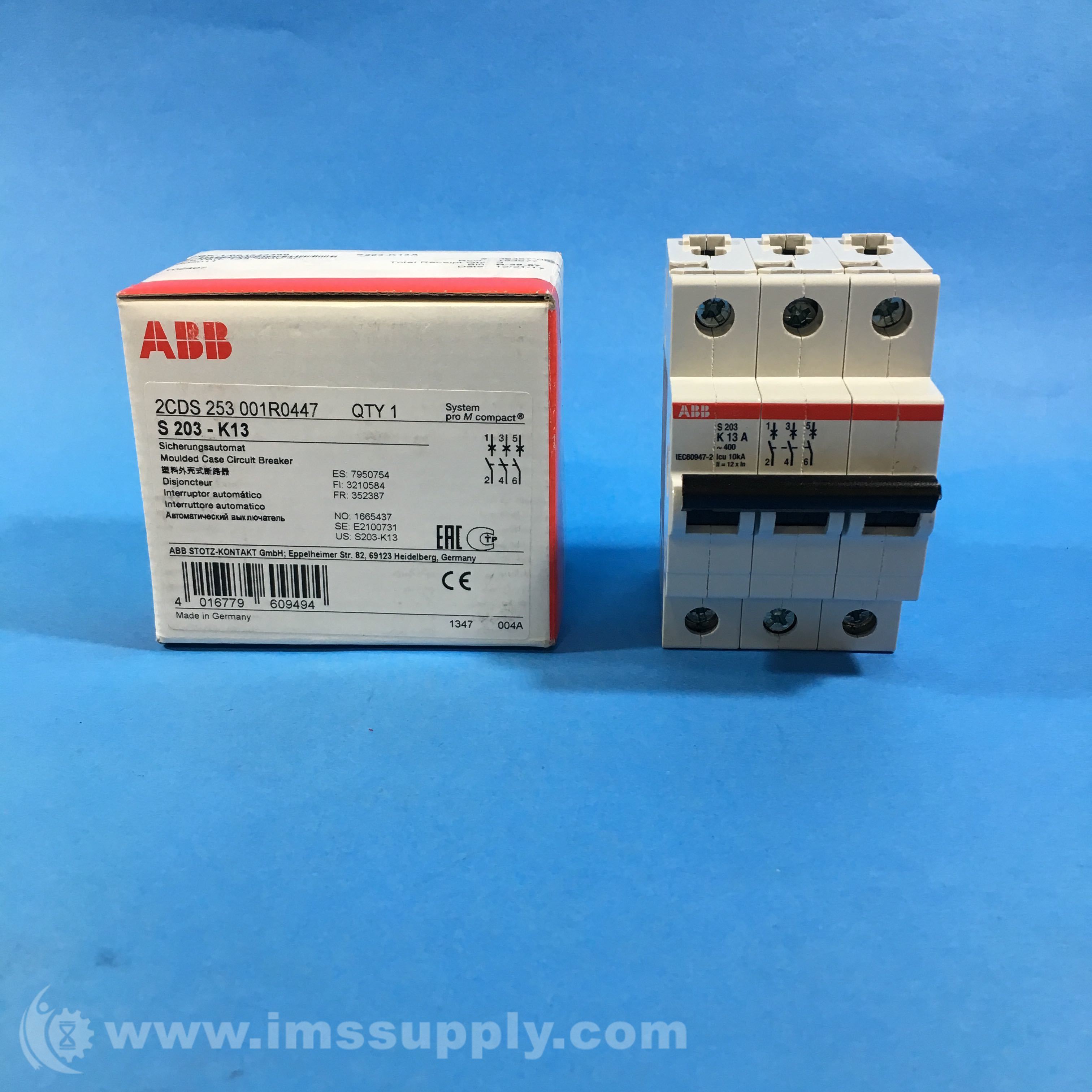 ABB S273-K13 Circuit Breaker, 3-Pole, K Curve, 13A, 6kA - IMS Supply