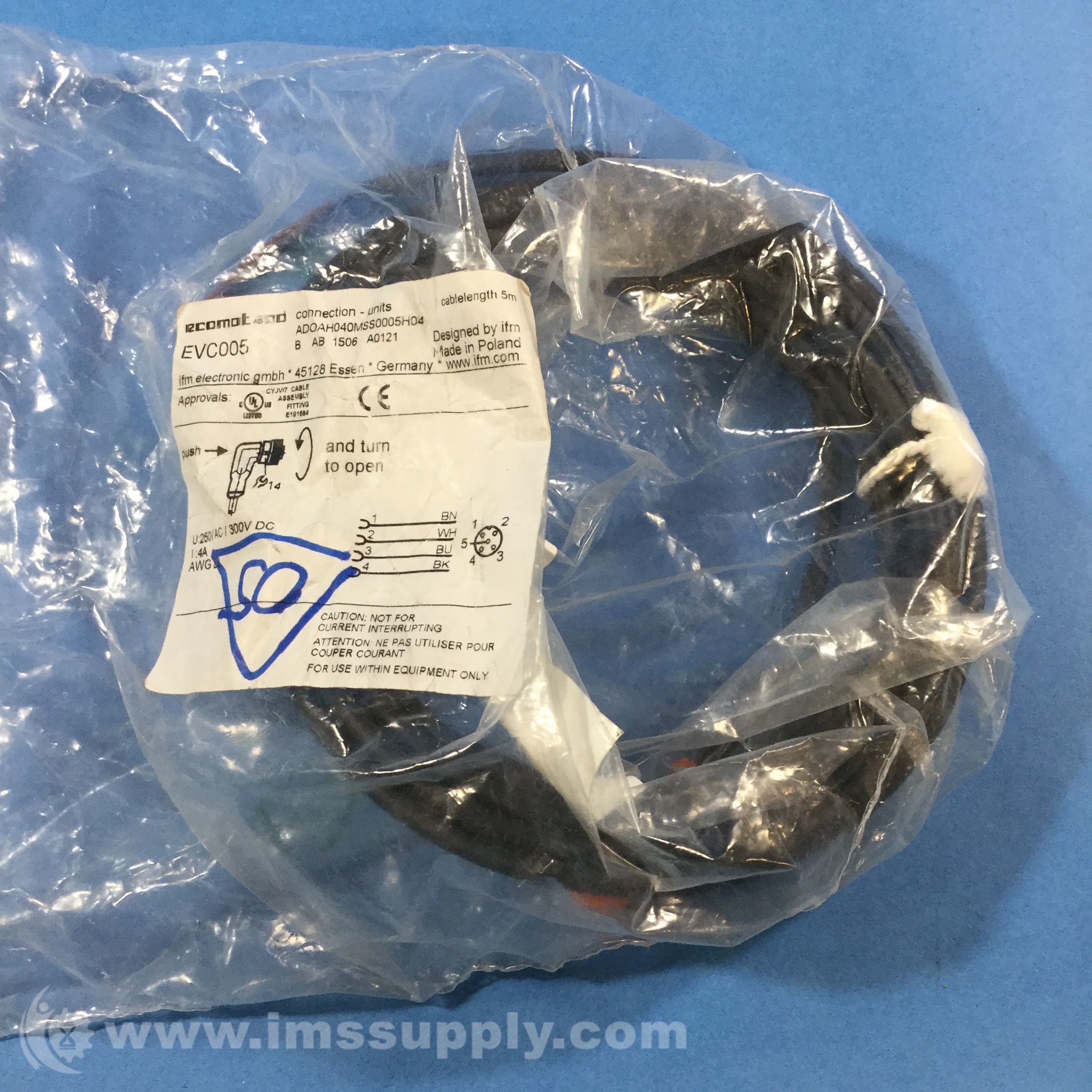 IFM Efector EVC005 Cordset, M12 Female R/A, 4 Wire, 5 Pin, 5m - IMS Supply