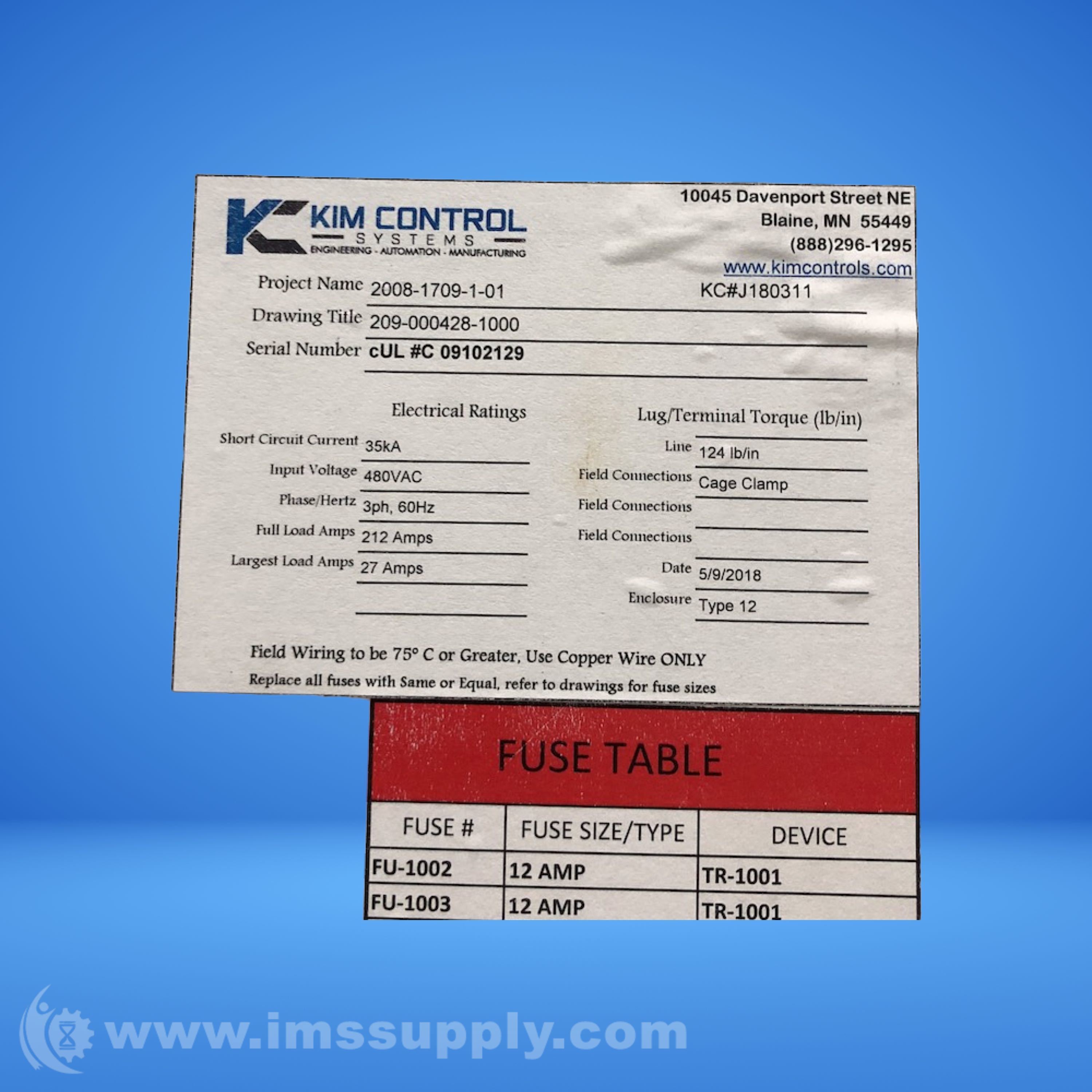Kim Controls 2008-1709-1-01 Control Panel Enclosure - IMS Supply