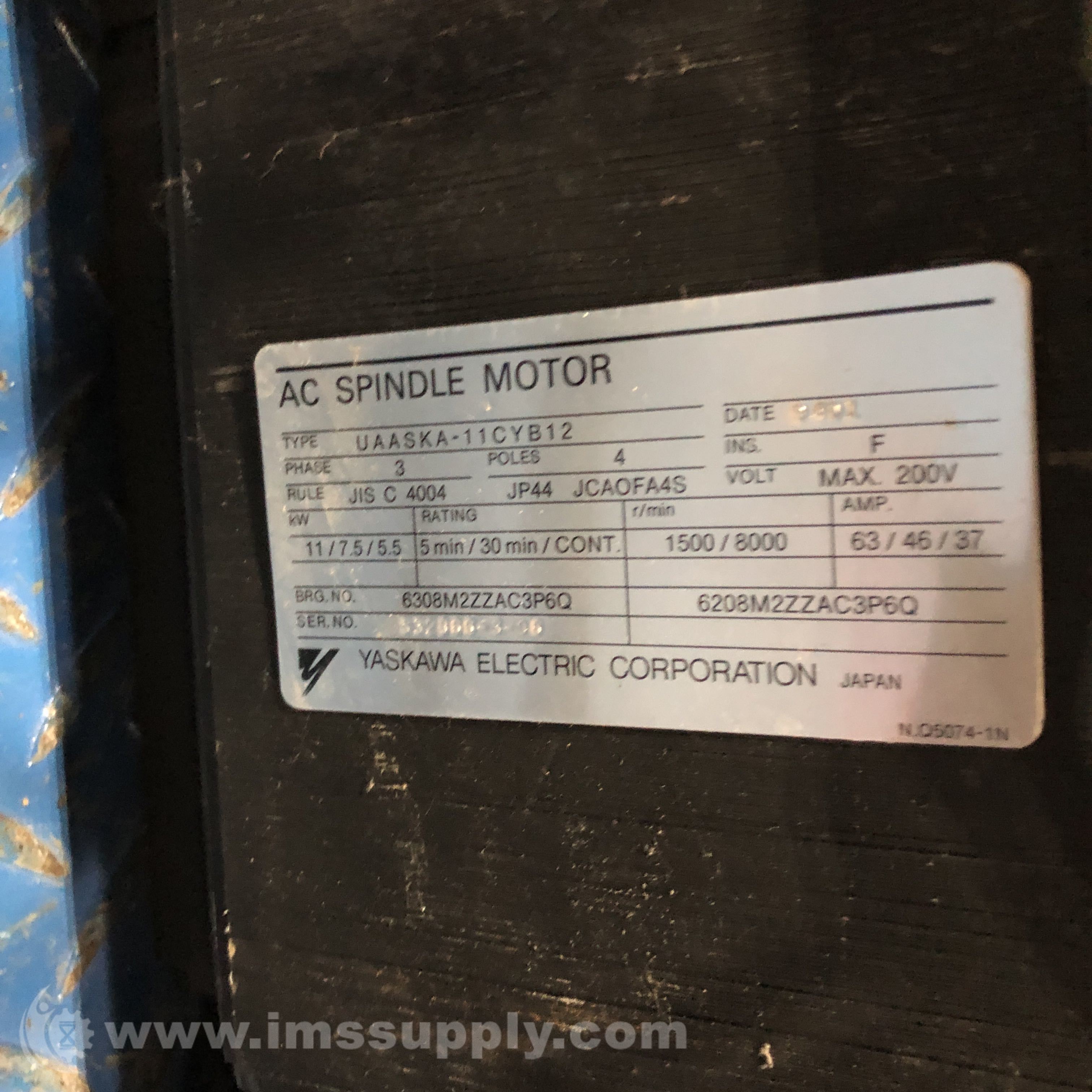 Yaskawa UAASKA-11CYB12 AC Spindle Motor, 3-Phase, 4-Poles, 200V - IMS Supply