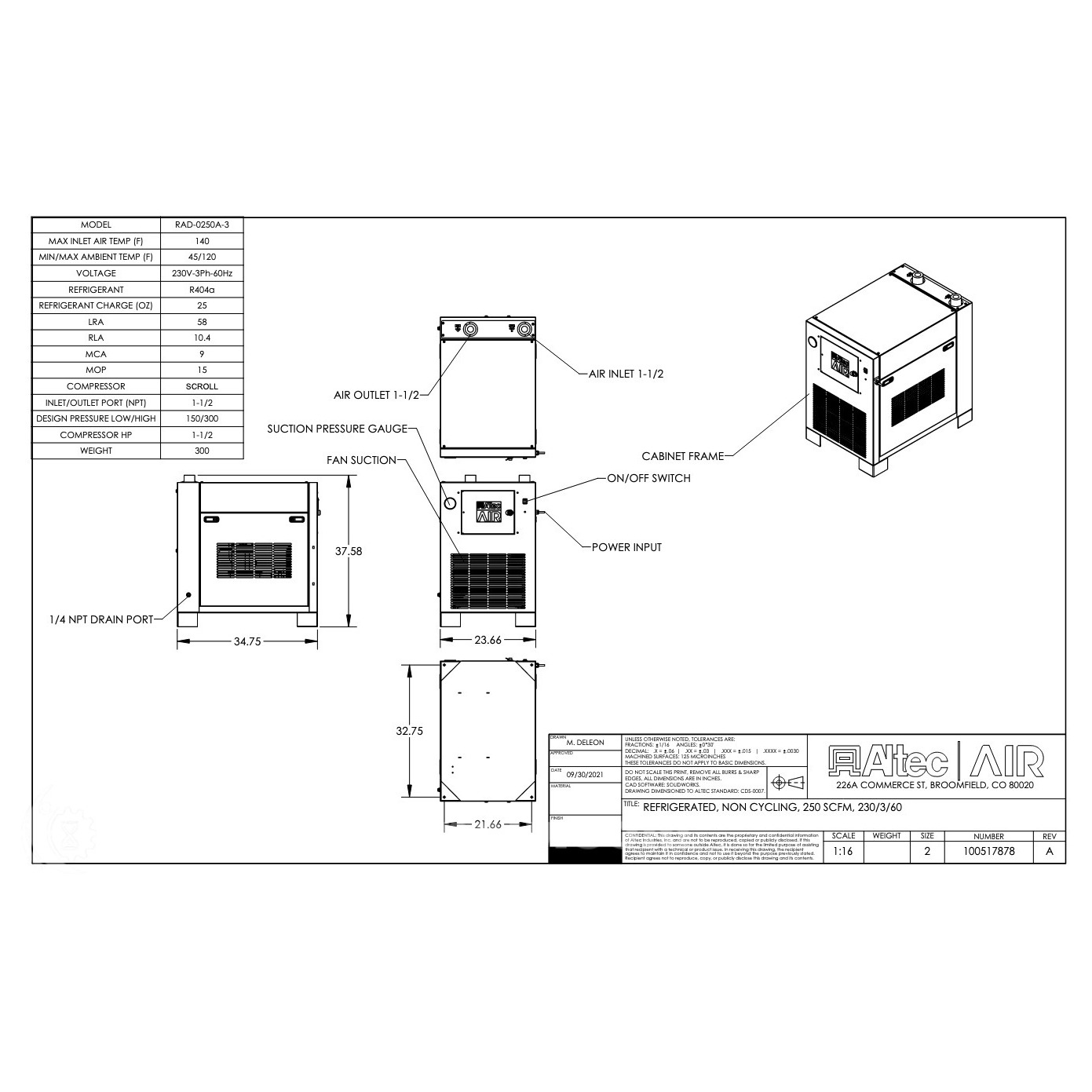 Altec AIR RAD-0250A-3 Non-Cycling Refrigerated Air Dryer - IMS Supply