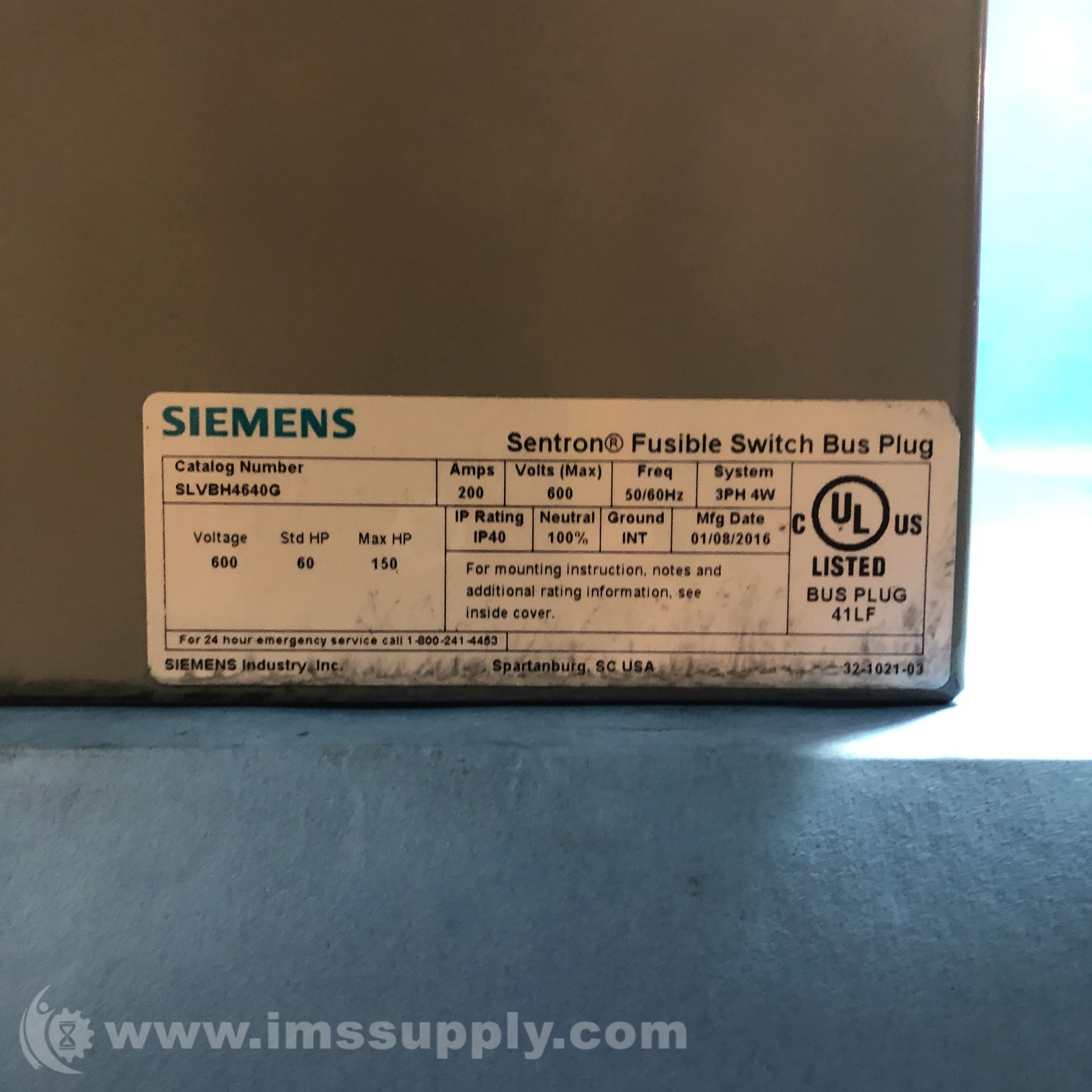 Siemens SLVBH4640G Sentron Fusible Switch Bus Plug - IMS Supply
