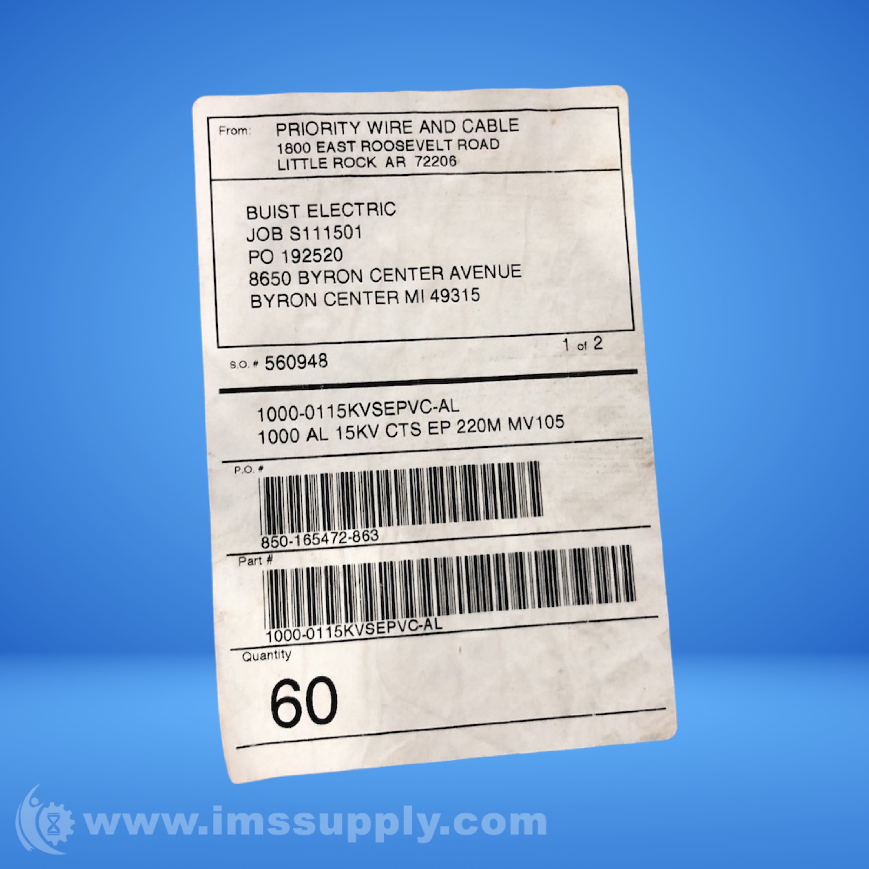 Priority Wire & Cable, Inc. 1000-0115KVSEPVC-AL Cable Spool of 60 - IMS ...