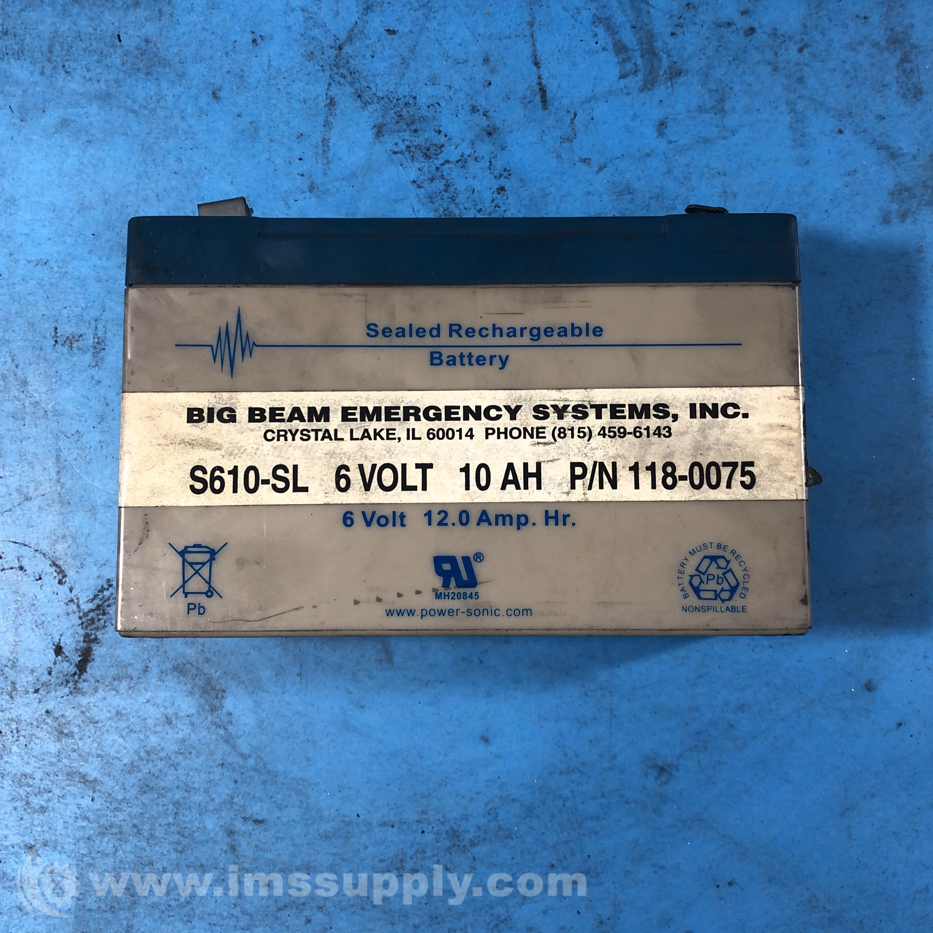 Big Beam 118-0075 Sealed Rechargeable Battery, 6V, 12A - IMS Supply
