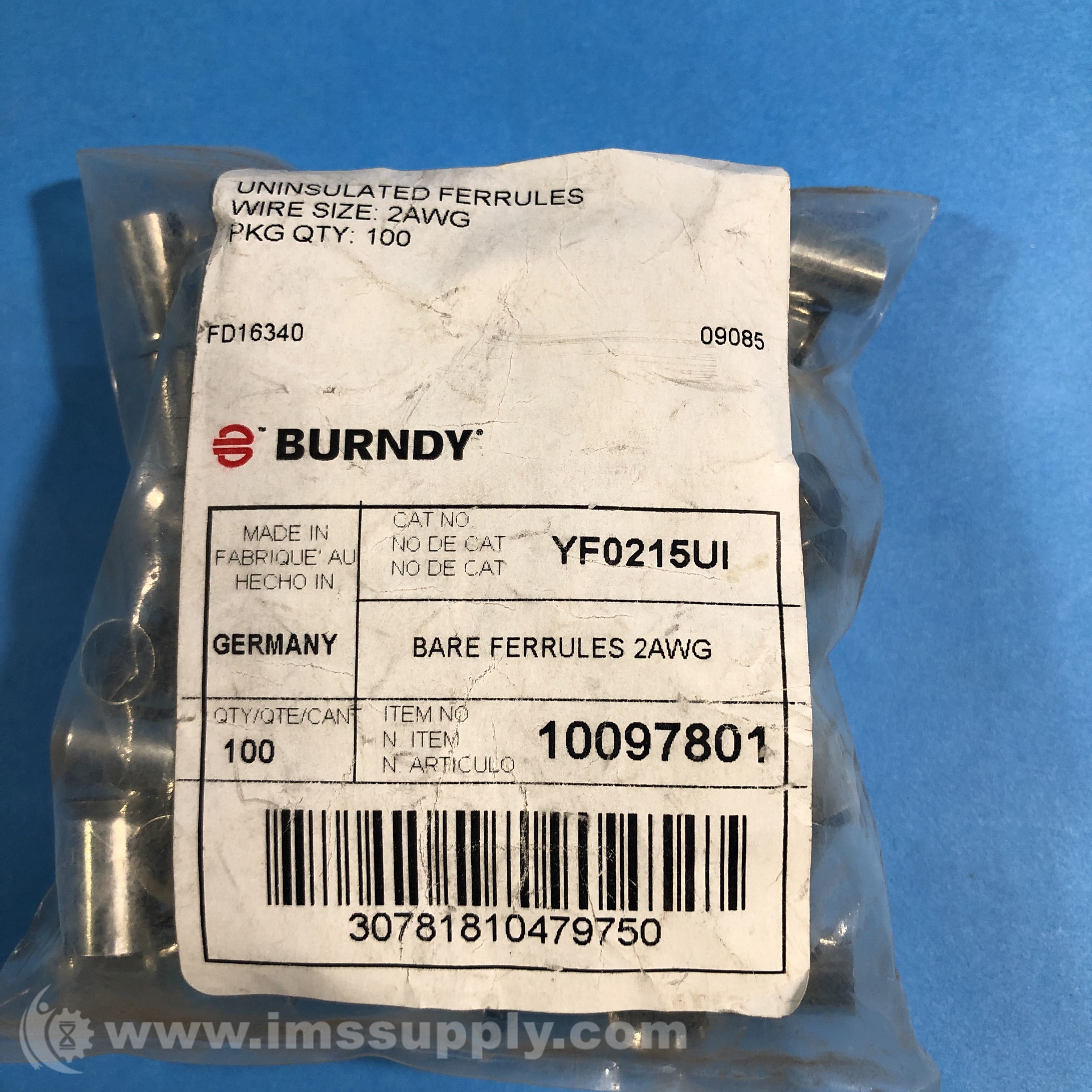 Burndy YF0215UI Pack of 100 Bare Ferrules, 2 Awg - IMS Supply