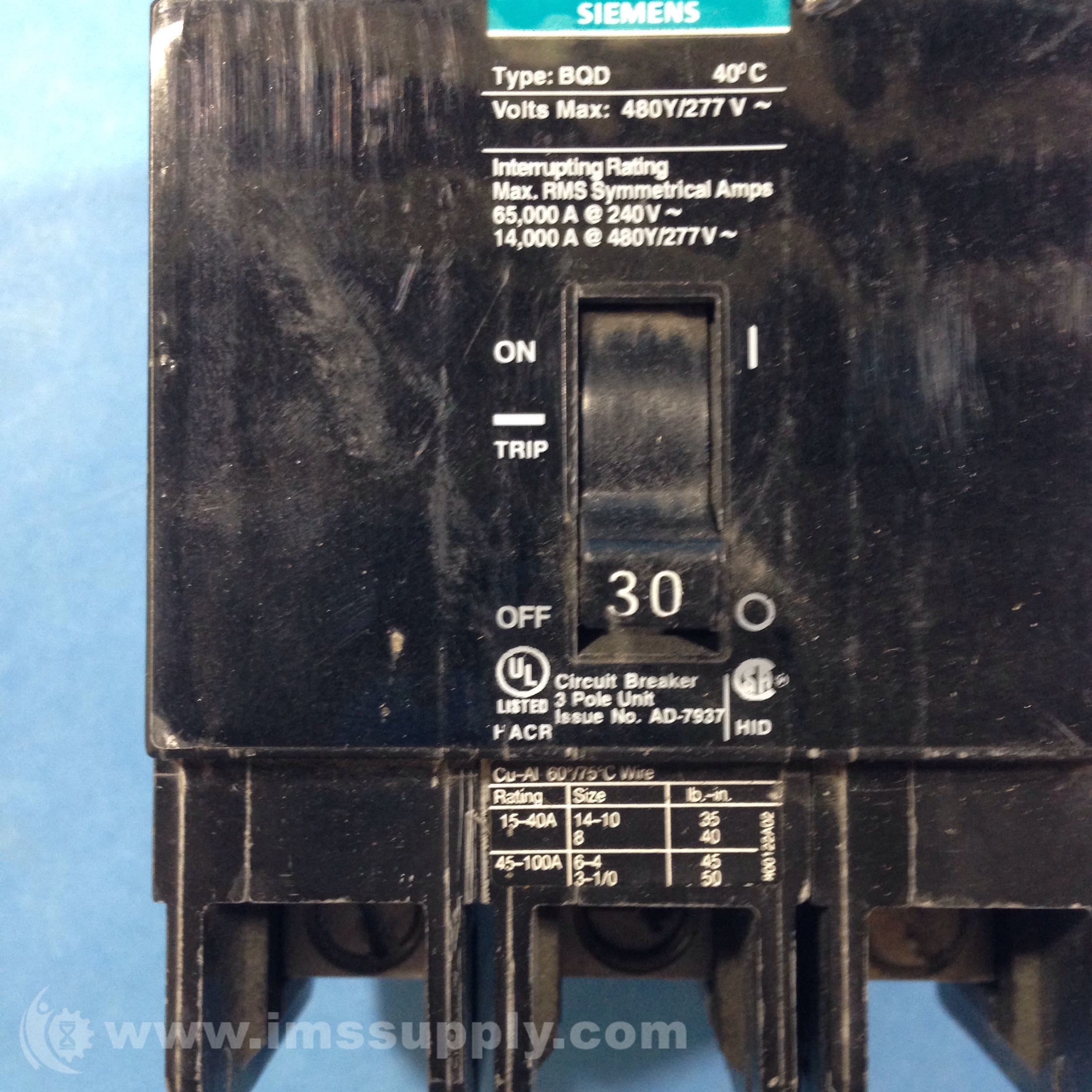 Siemens BQD330 Circuit Breaker 480VAC 30A 14KA 3 Pole - IMS Supply