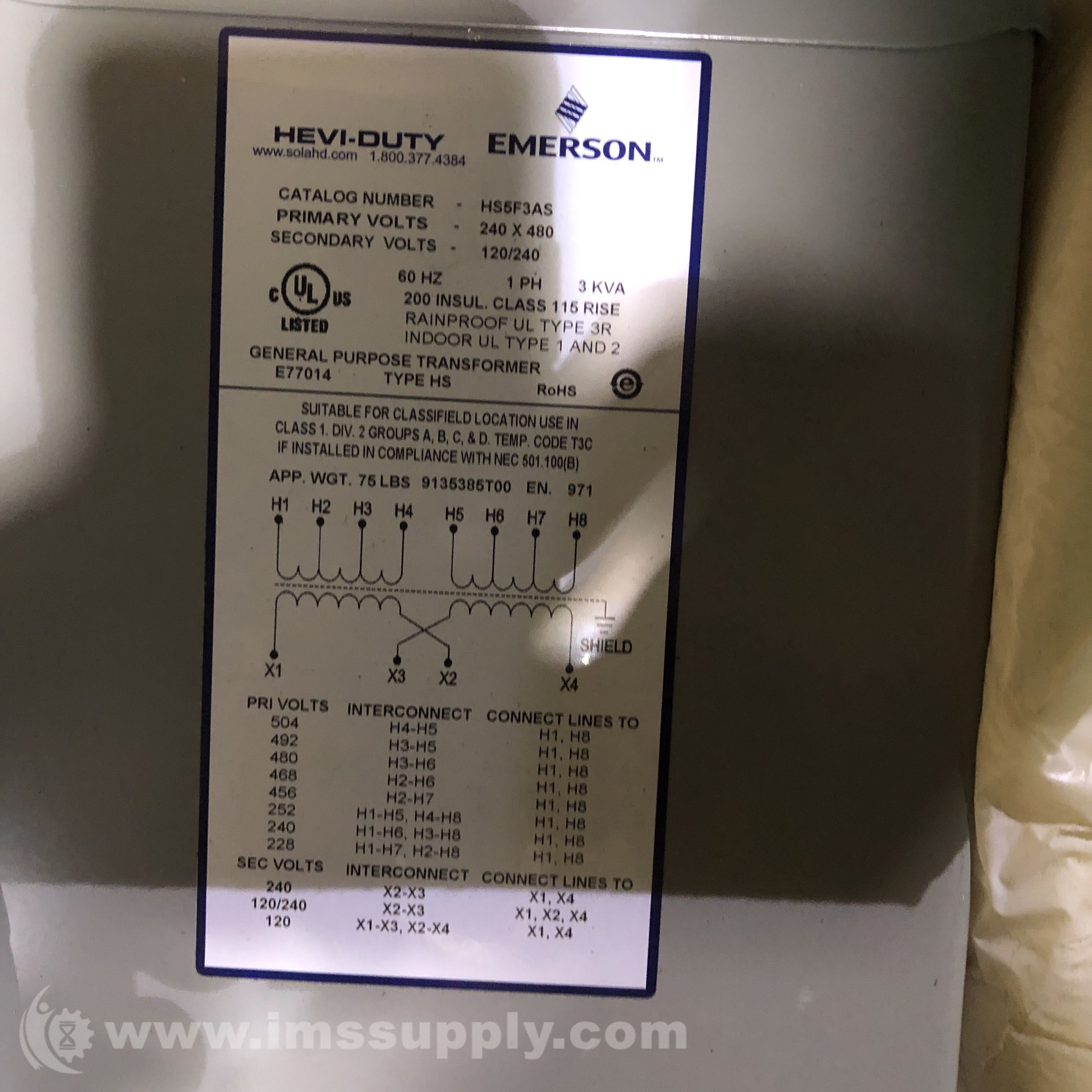 Emerson HS5F3AS Solhand Isolation Transformer - IMS Supply