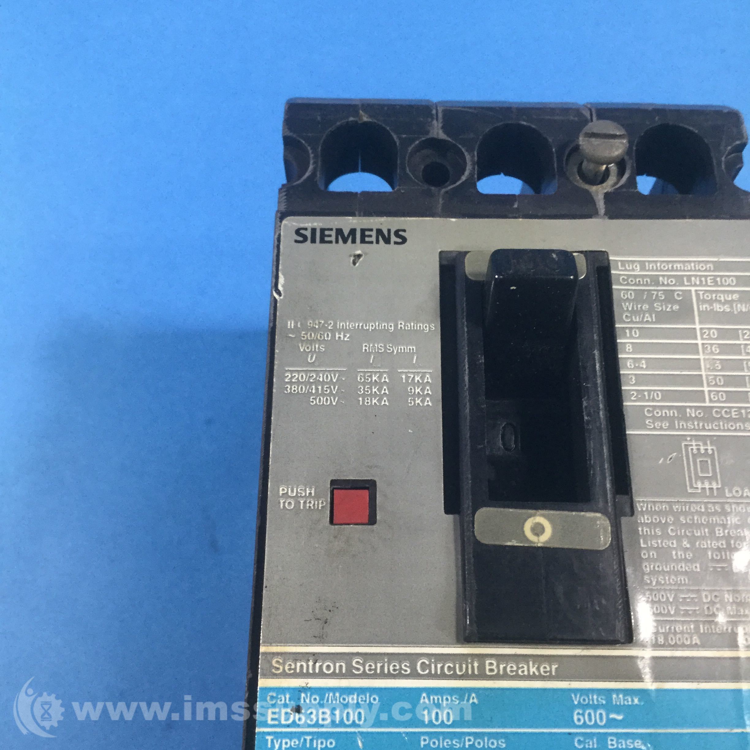 Siemens ED63B100 Circuit Breaker, 3-Poles, 100A, 600V - IMS Supply