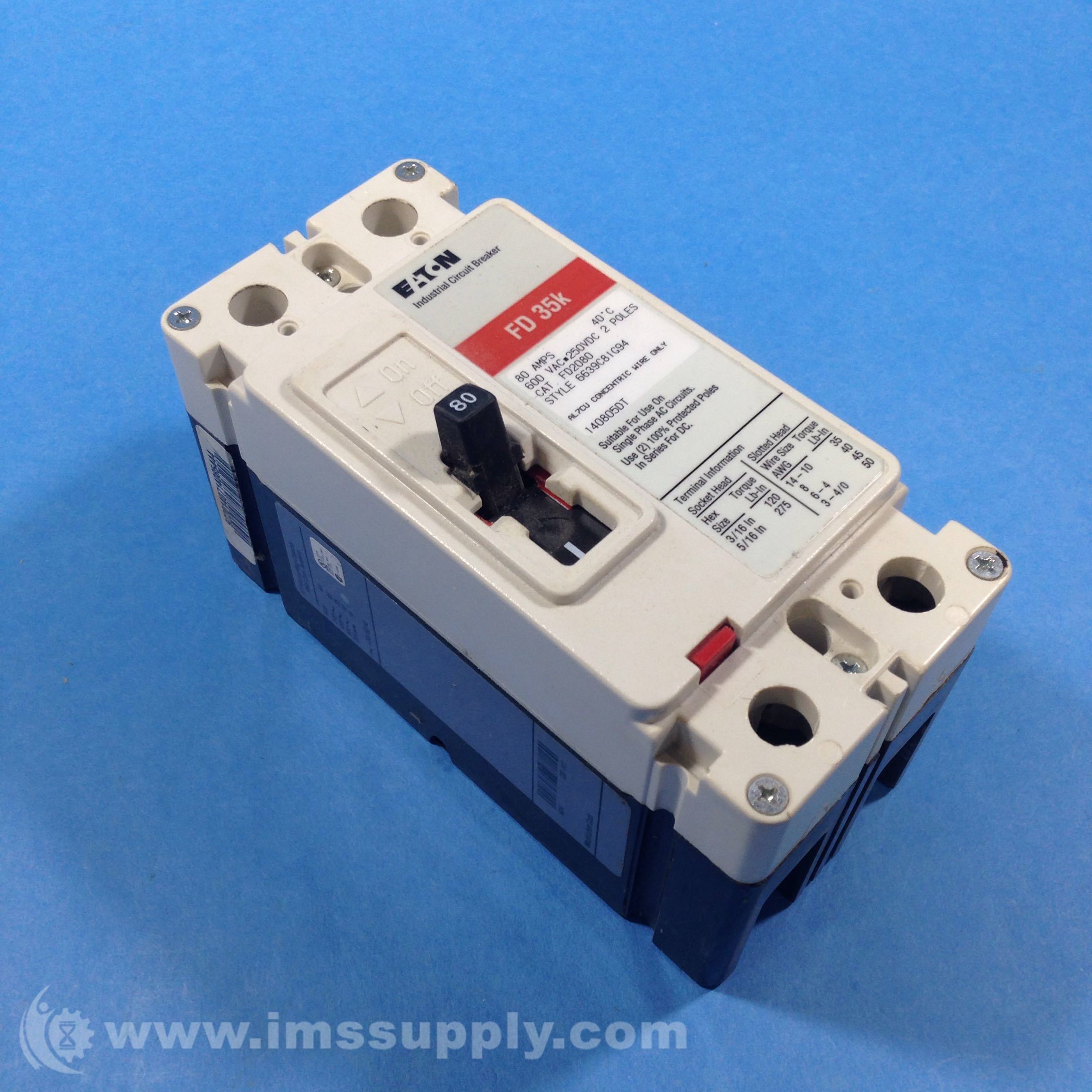Eaton FD2080 Circuit Breaker 80A 600VAC/250VDC 2 Poles - IMS Supply