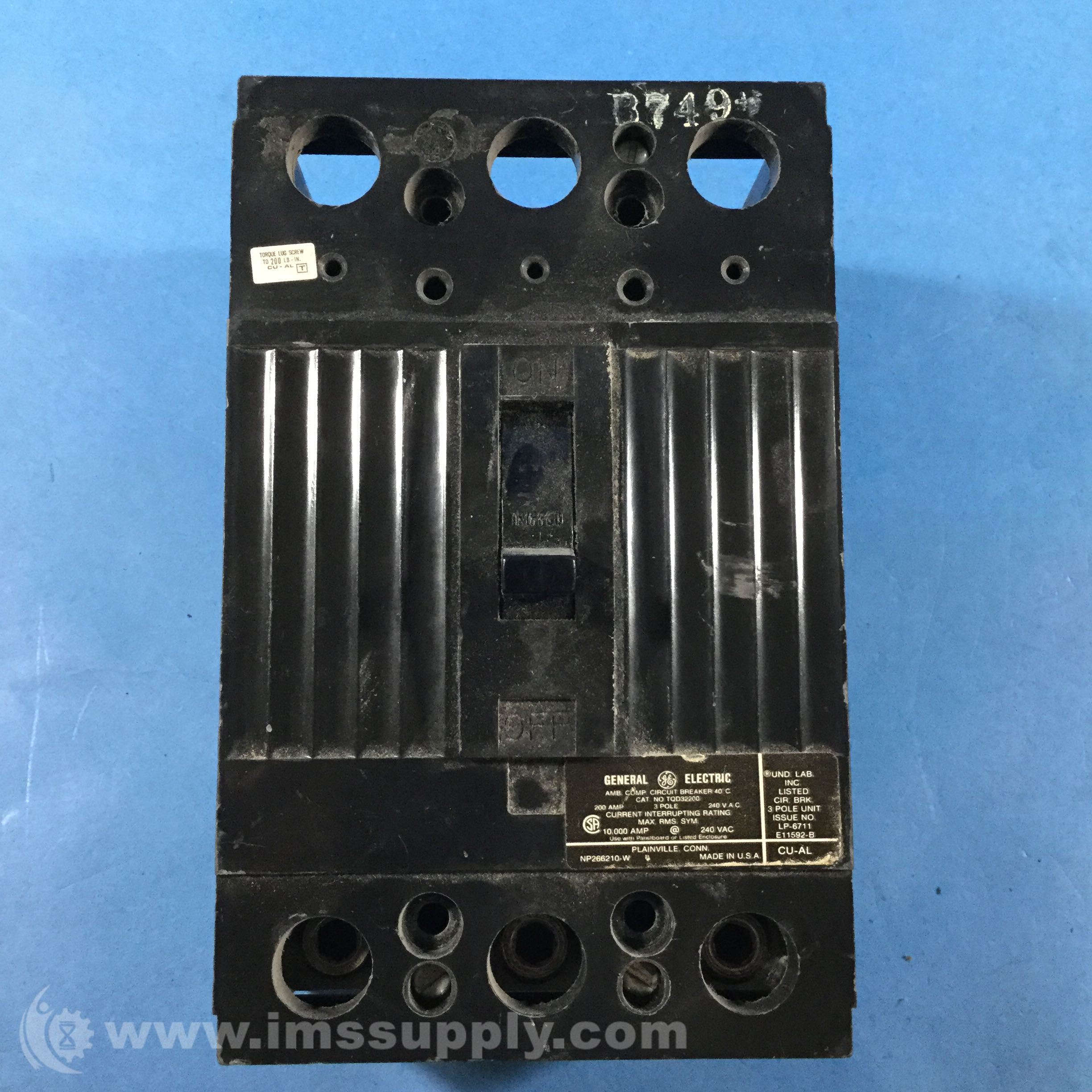 General Electric TQD32200 Circuit Breaker, 3-Pole, 200AMP, 240VAC - IMS ...