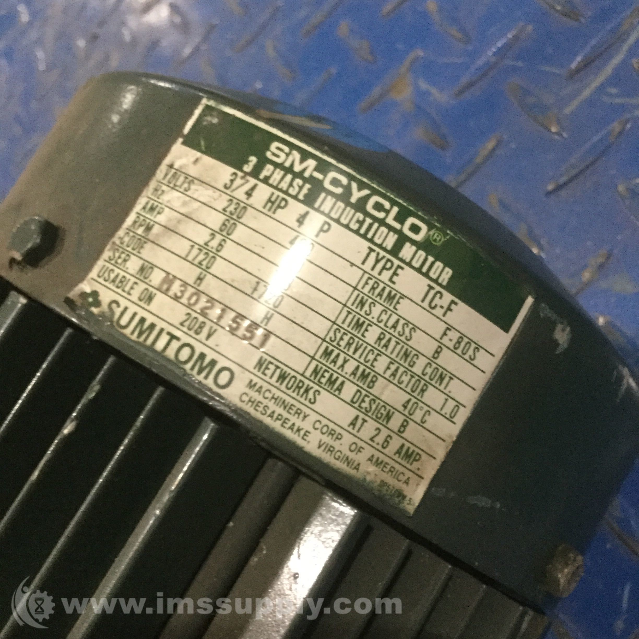 Sumitomo HM 3097 C 3 Phase Induction Motor, 3/4 HP, 1720 RPM - IMS Supply
