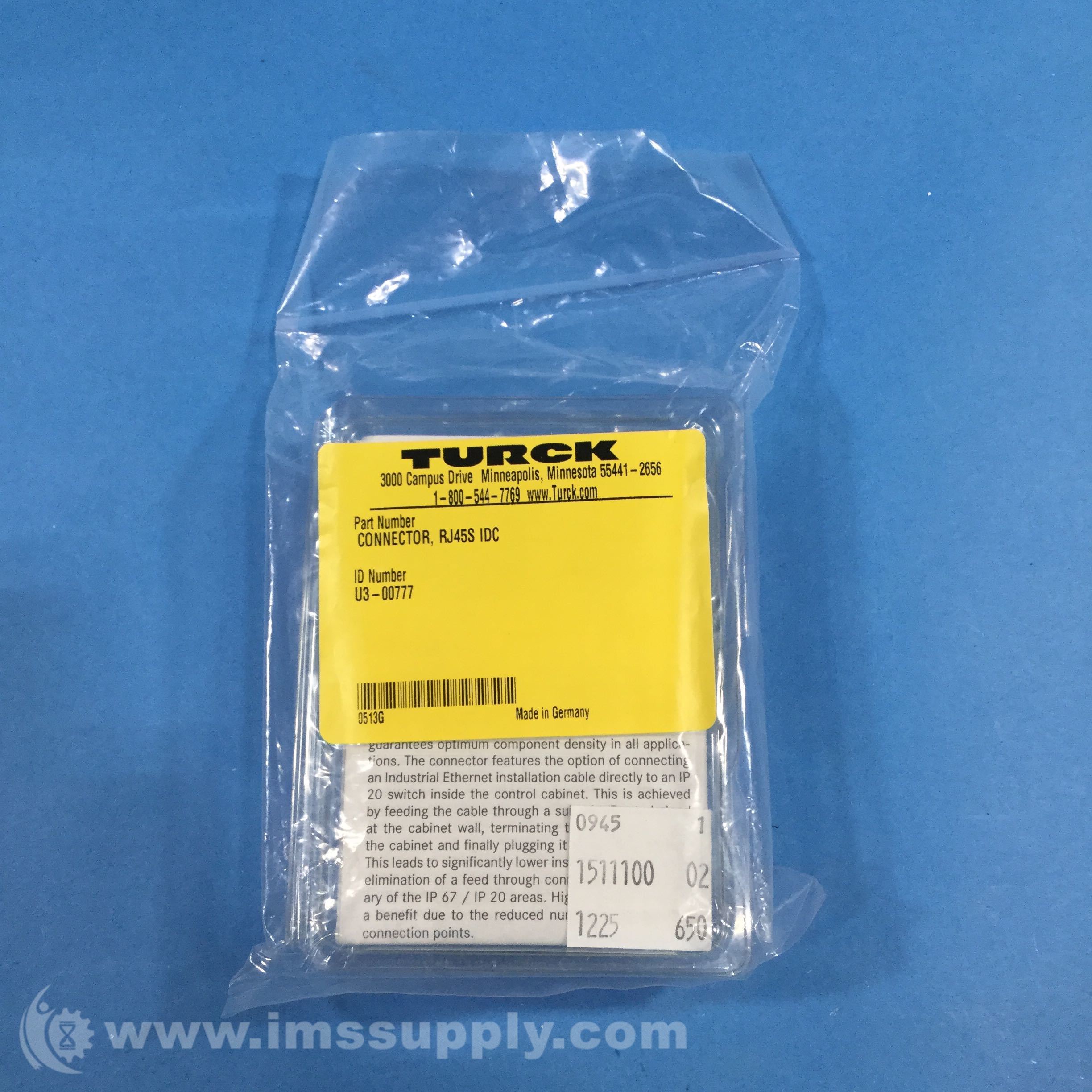 Turck CONNECTOR, RJ45S IDC U3-00777 Ethernet/IP Male Connector - IMS Supply