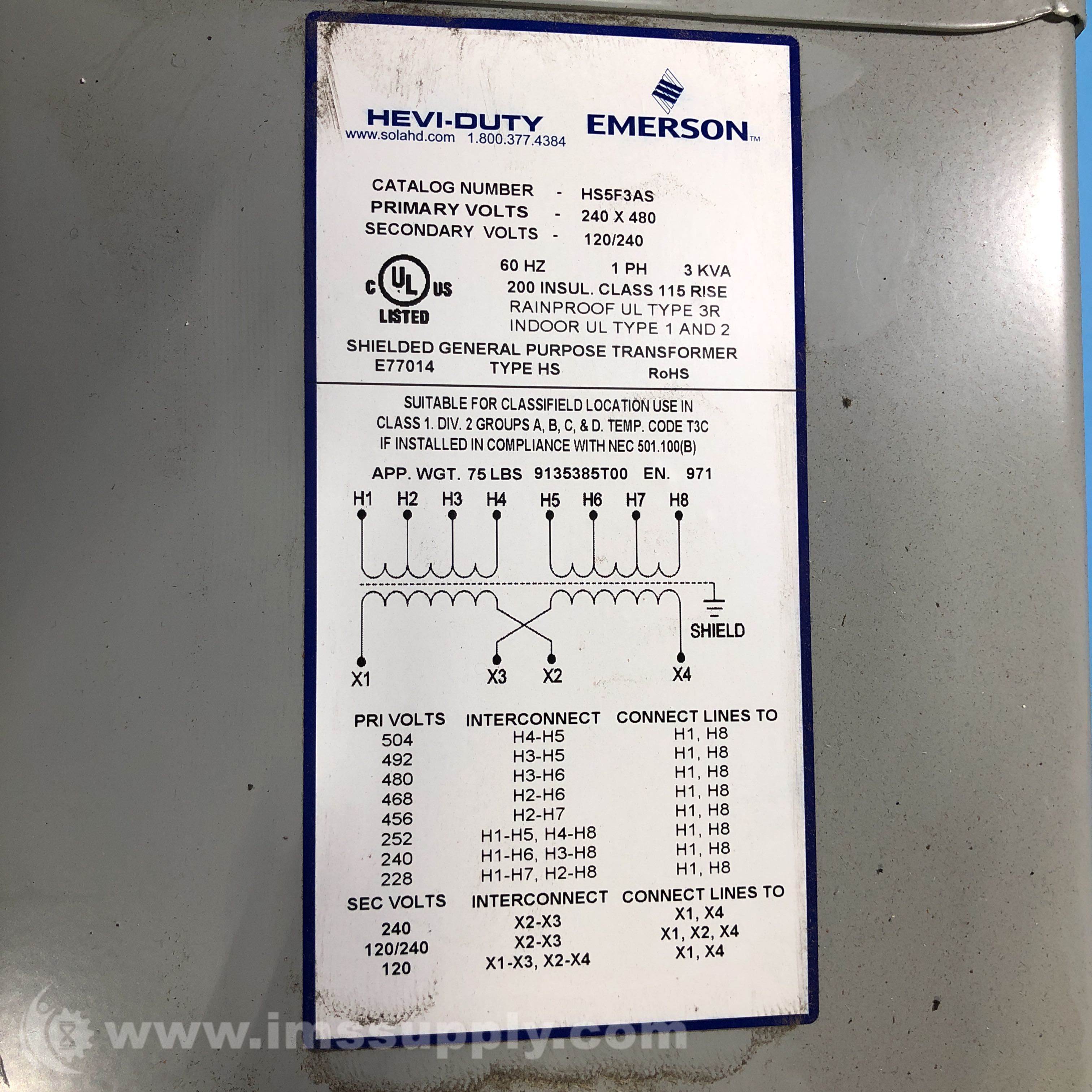 Emerson HS5F3AS Solhand Isolation Transformer - IMS Supply