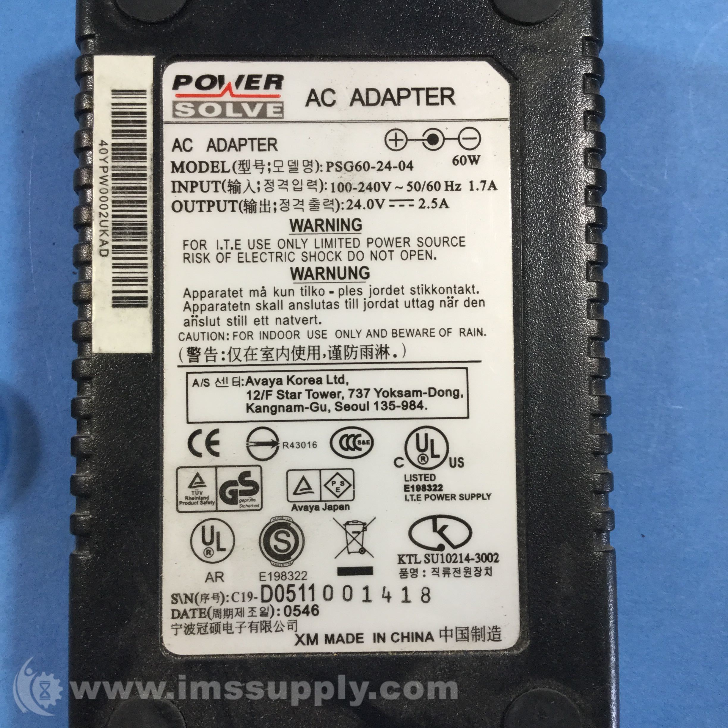 Power Solve PSG60-24-04 Ac Adapter 100-240V 1.7A 50/60HZ - IMS Supply