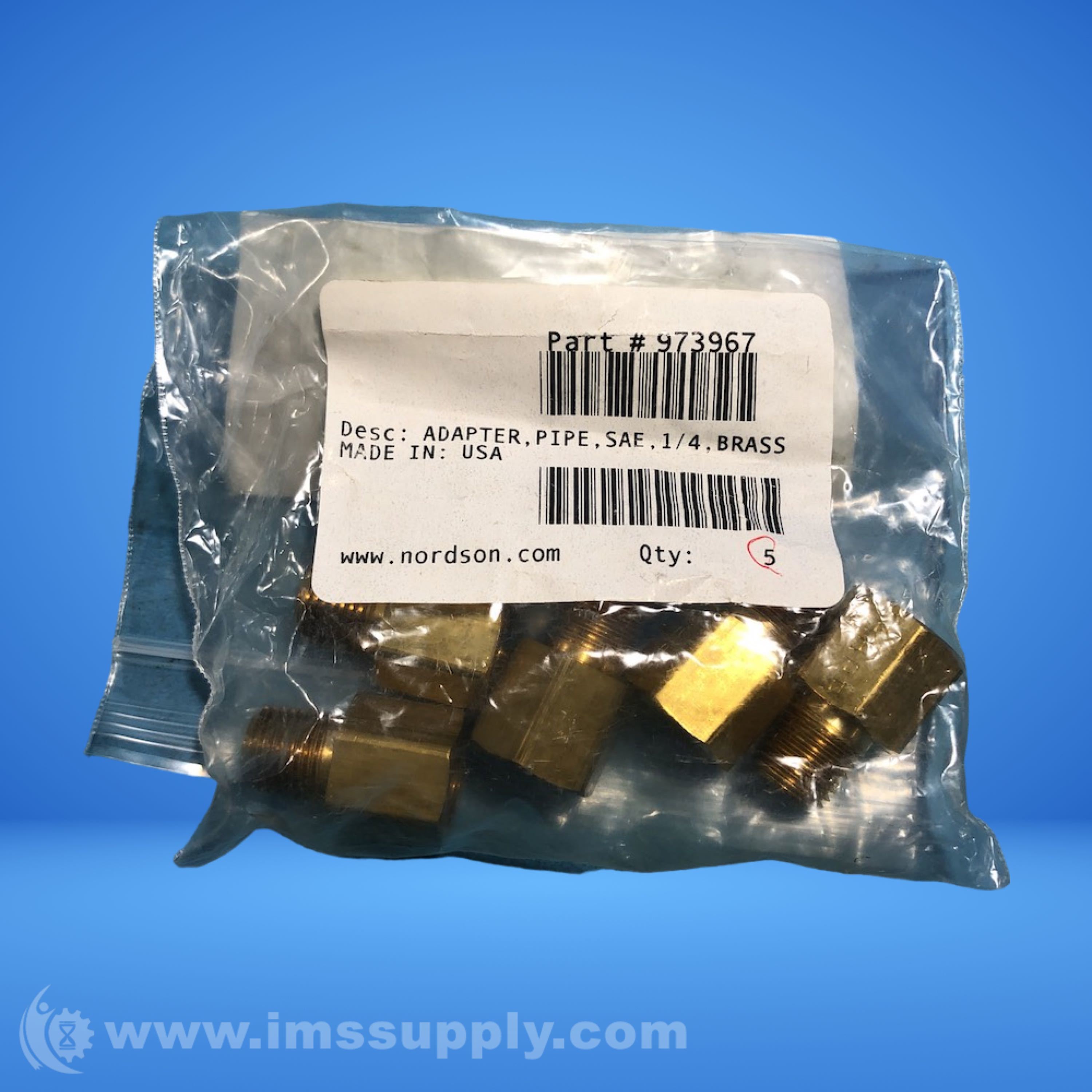 Nordson 973967 1/8 Male x 1/4 Female Brass Adapter Bag of 5 - IMS Supply