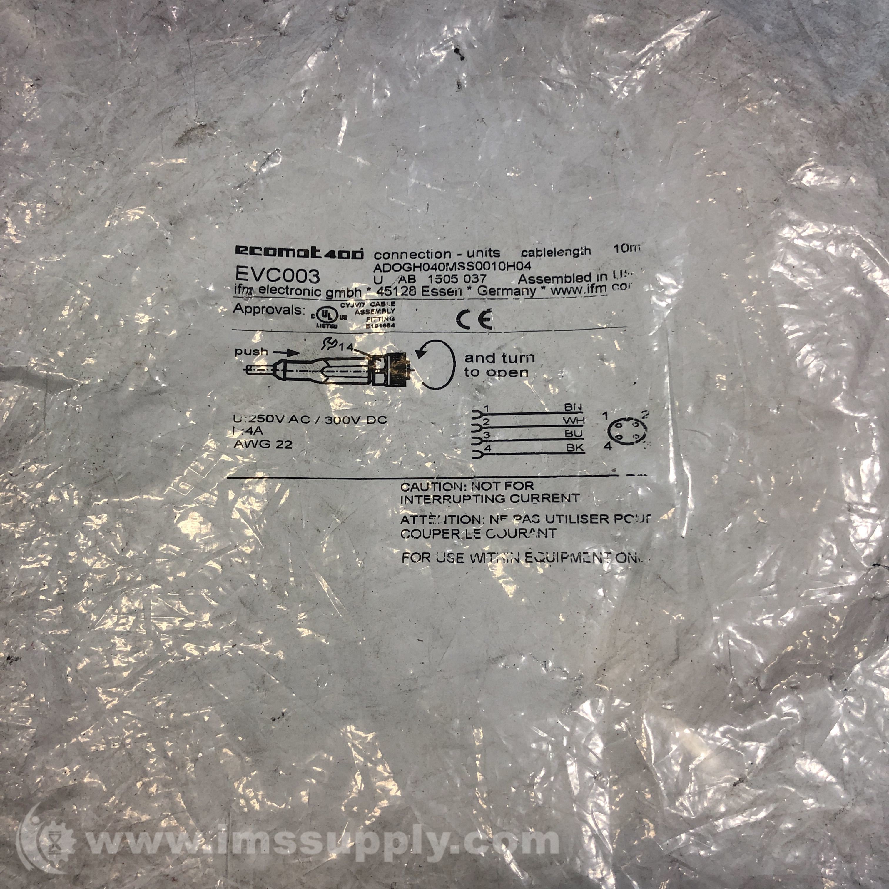 Ifm EVC003 Cordset, M12 Female Straight, 4 Wire, 5 Pin, 10m, PUR - IMS ...