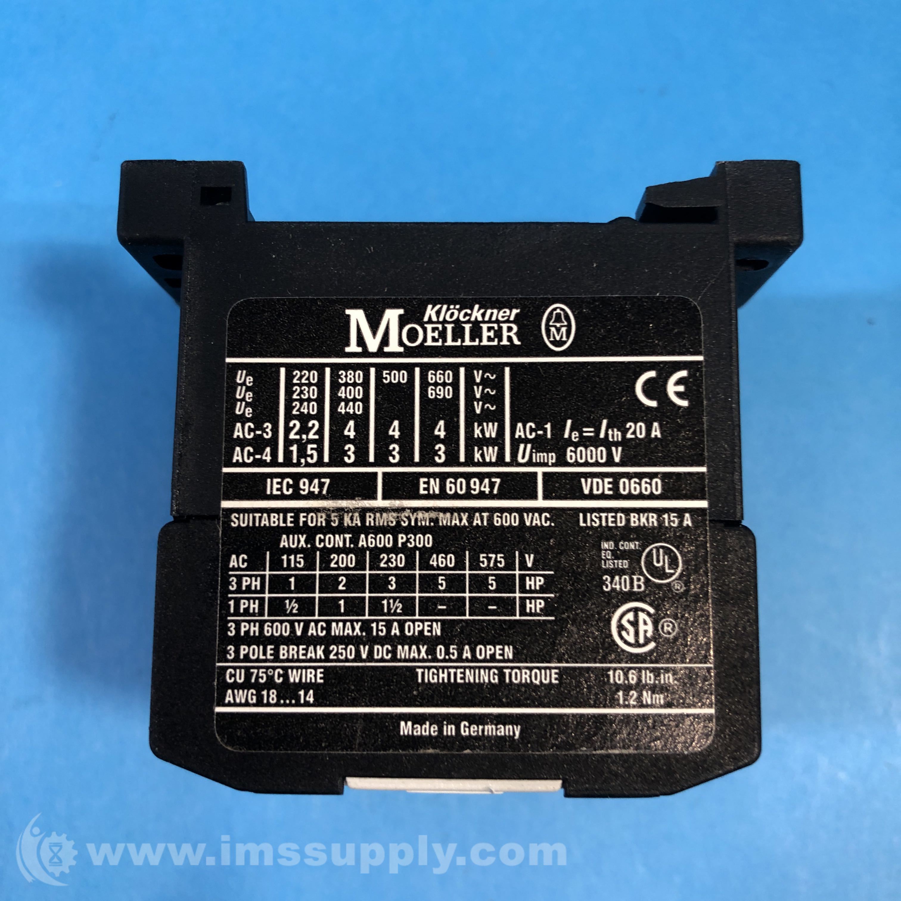 Klockner Moeller DIL-EM-10-G Contactor, 3PST, Panel, 690 VAC - IMS Supply