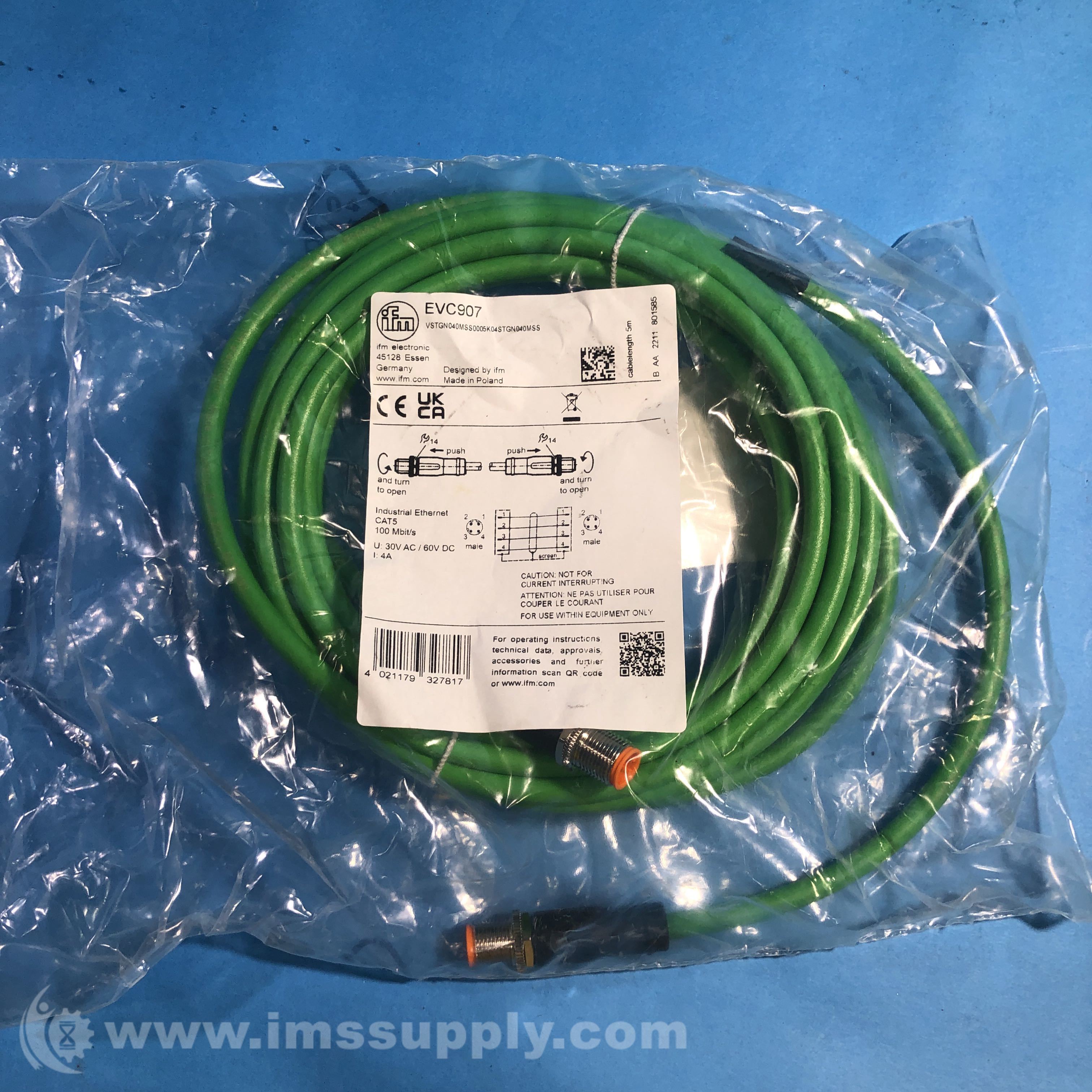 IFM EVC907 Ethernet Cable, D-coded M12 - M12, 5m, IP67, Shielded - IMS Supply