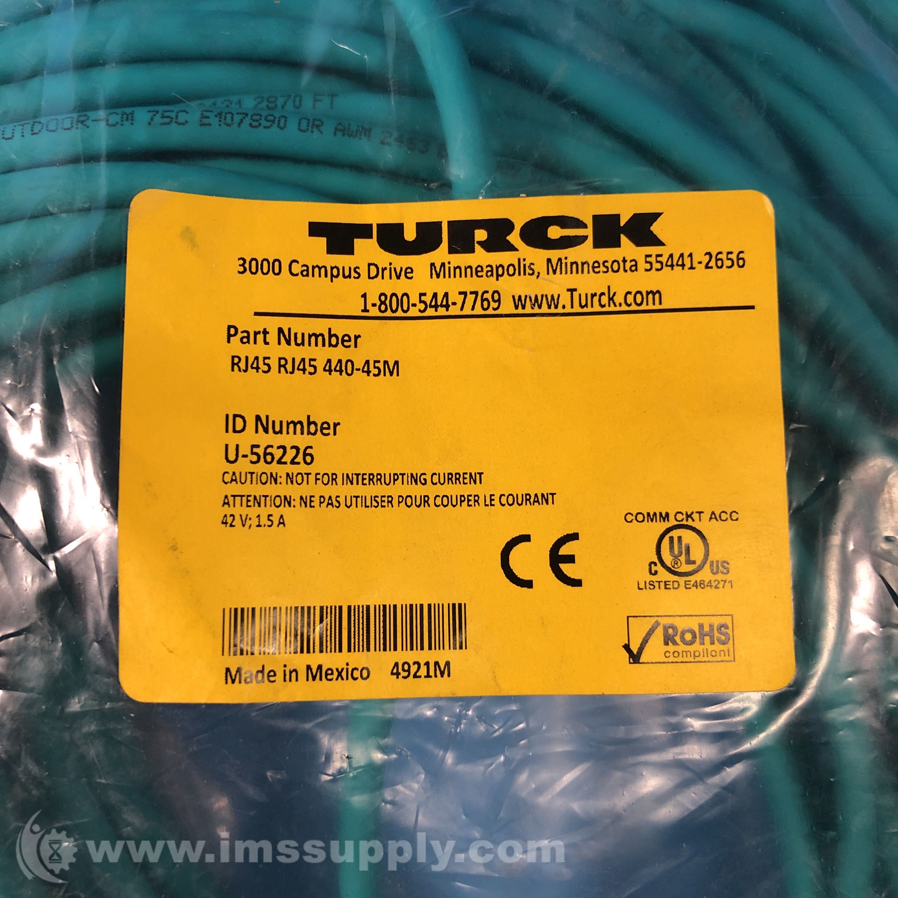 Turck RJ45 RJ45 440-45M U-56226 Ethernet Cable Assembly - IMS Supply