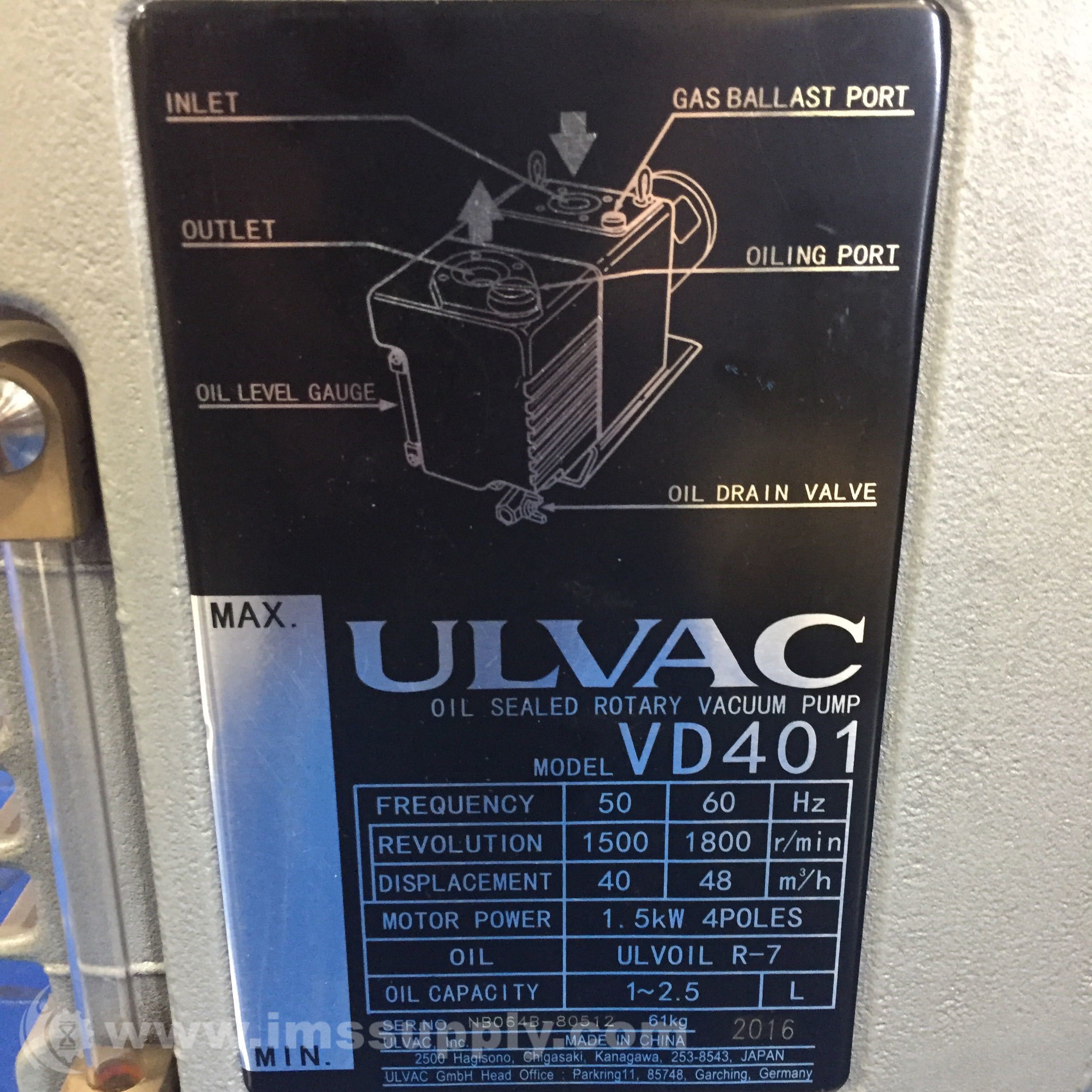 Ulvac VD401 Oil Sealed Rotary Vacuum Pump, 50/60 Cycles - IMS Supply