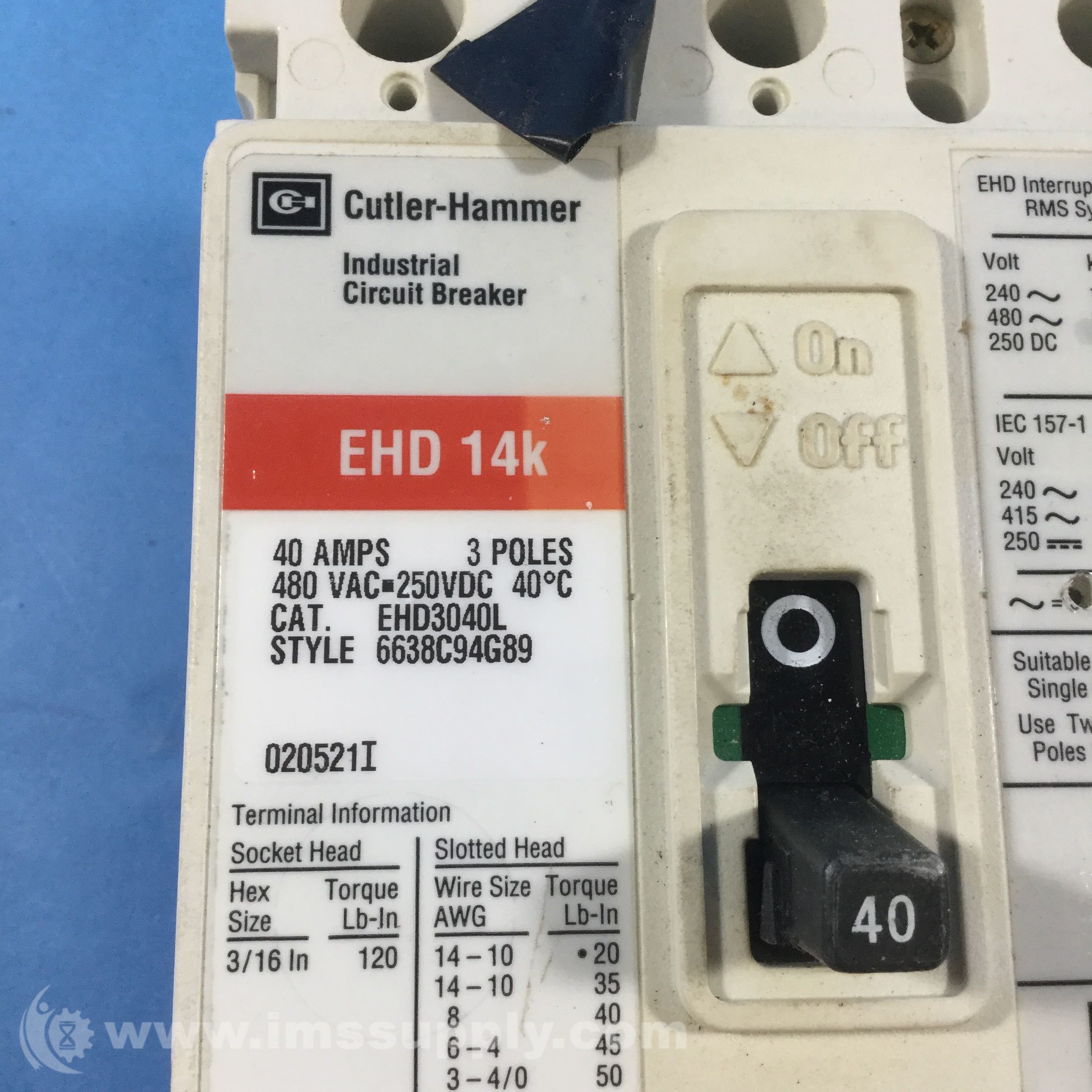 Cutler Hammer EHD3040L,Circuit Breaker 40AMP 3Pole 480VAC 250VDC - IMS ...
