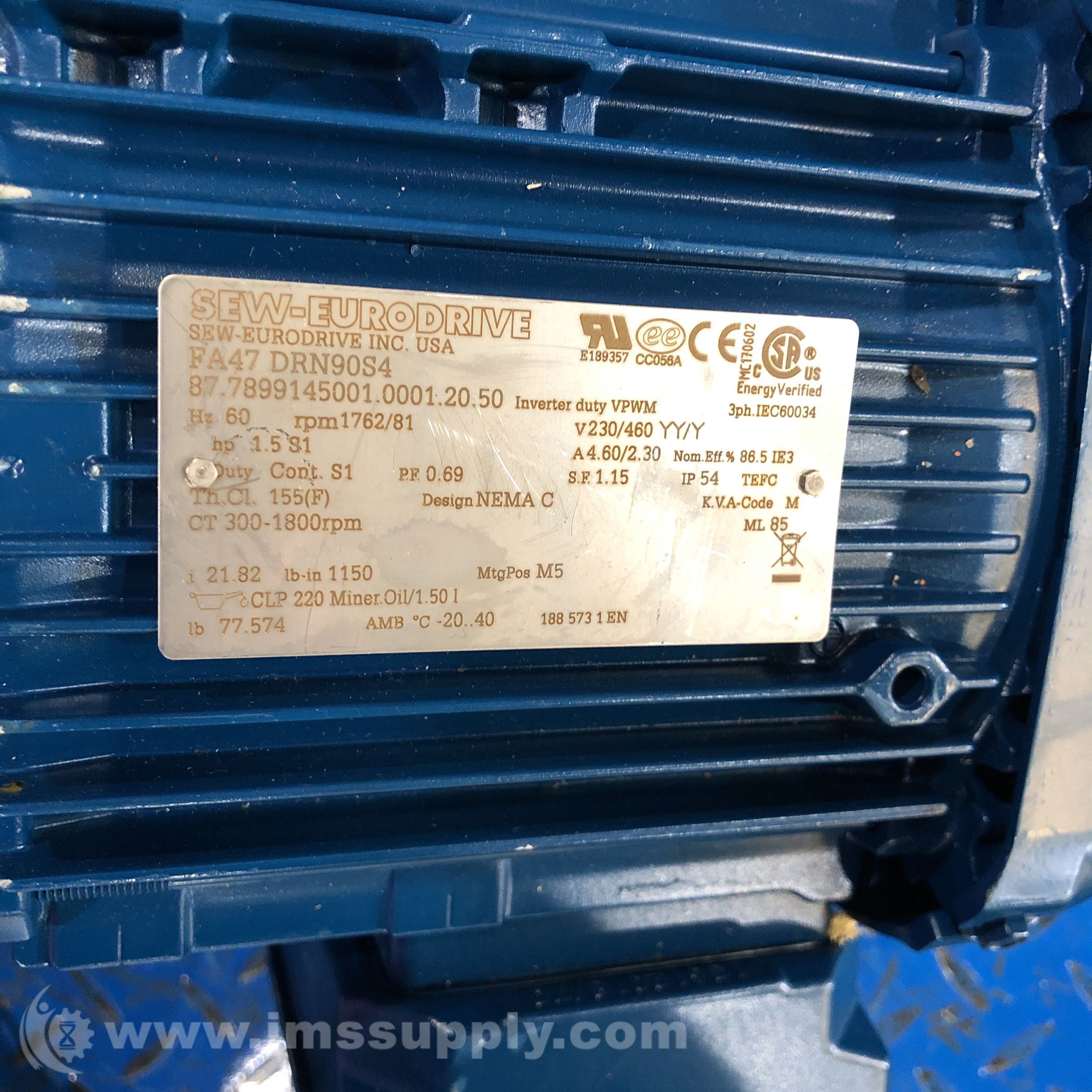 Sew Eurodrive FA47 DRN90S4 Gear Motor, Inverter Duty VPWM - IMS Supply