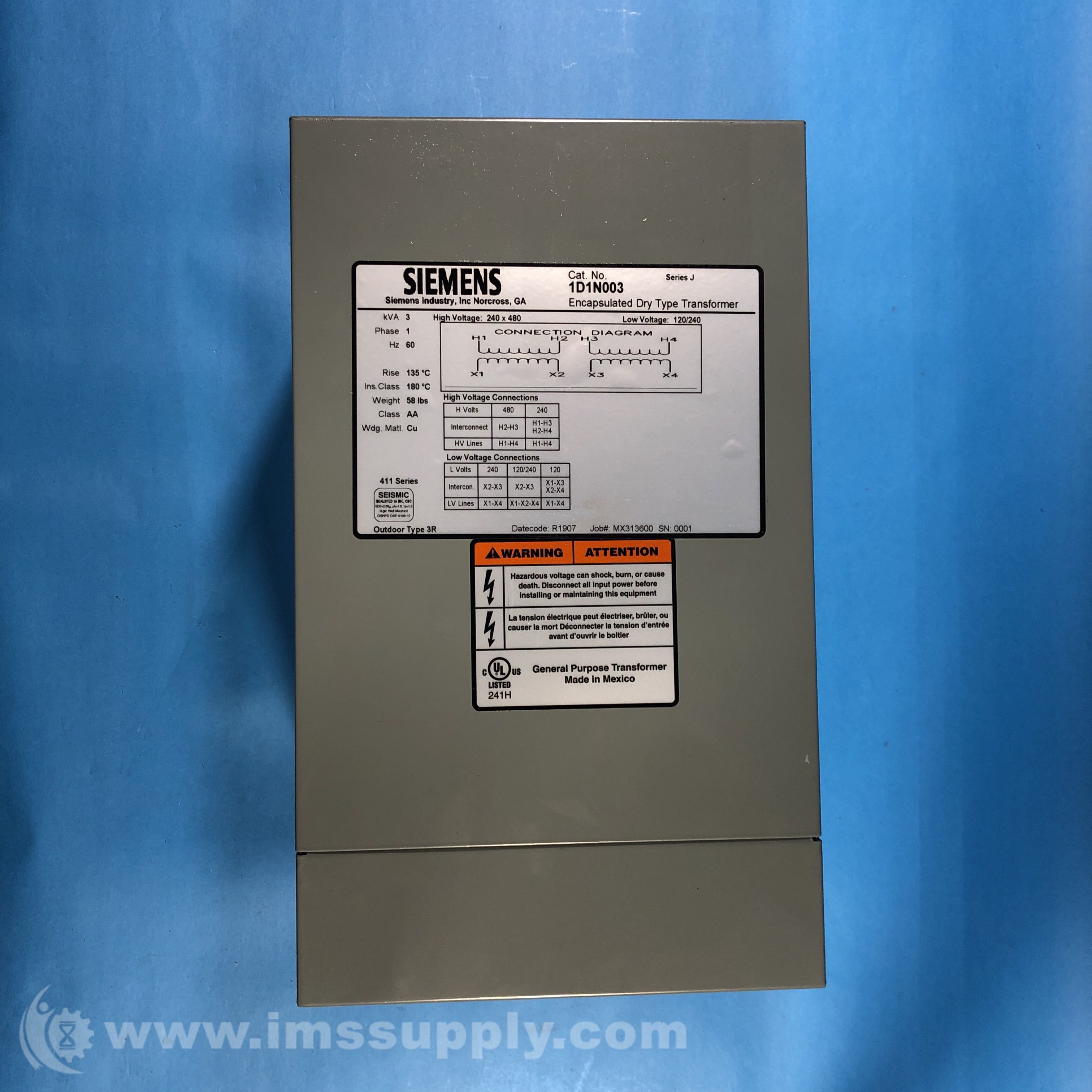 Siemens 1D1N003 Encapsulated Dry Type Transformer - IMS Supply