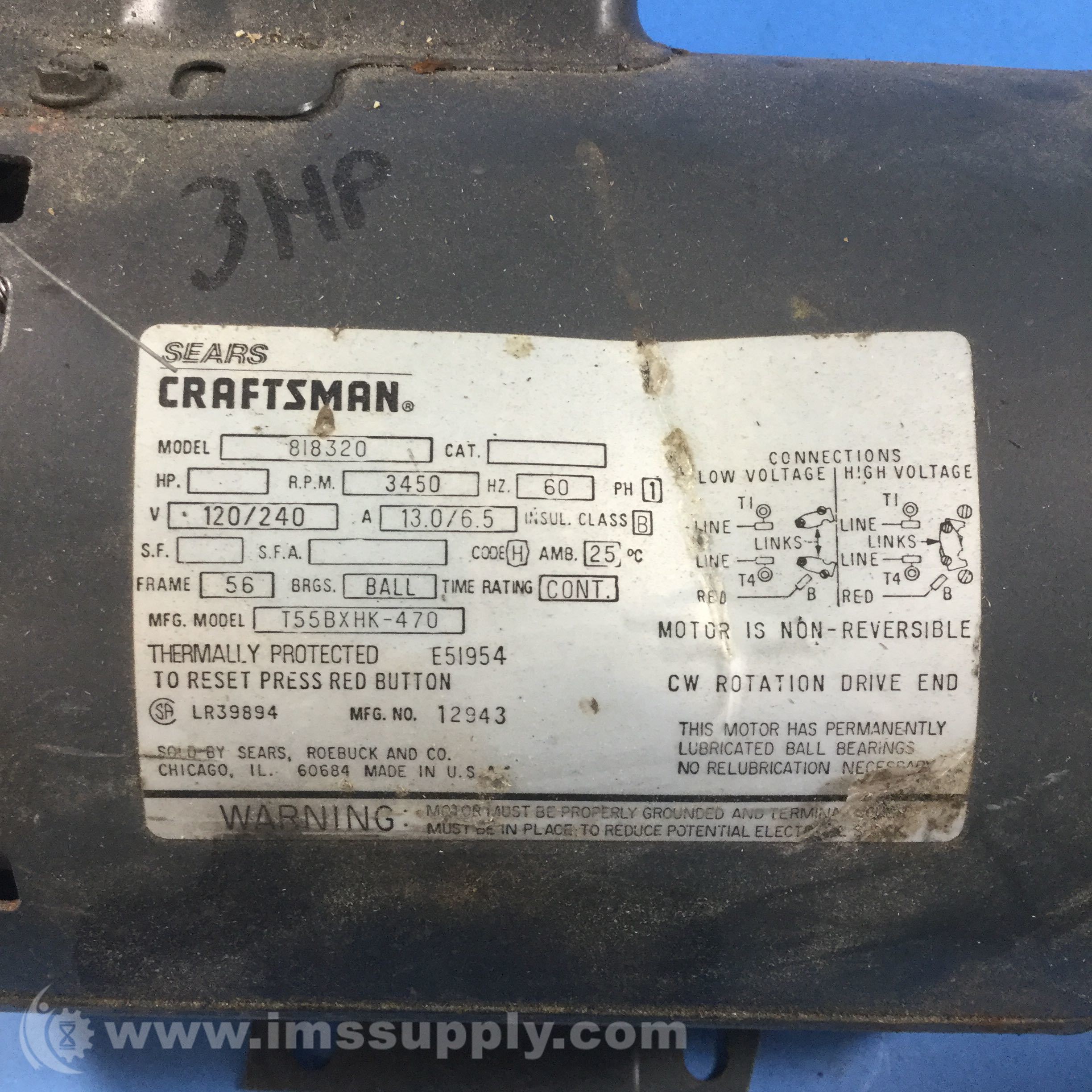 Sears 818320 3HP RPM3450 HZ60 PH1 V120/240 Table Saw Motor - IMS Supply
