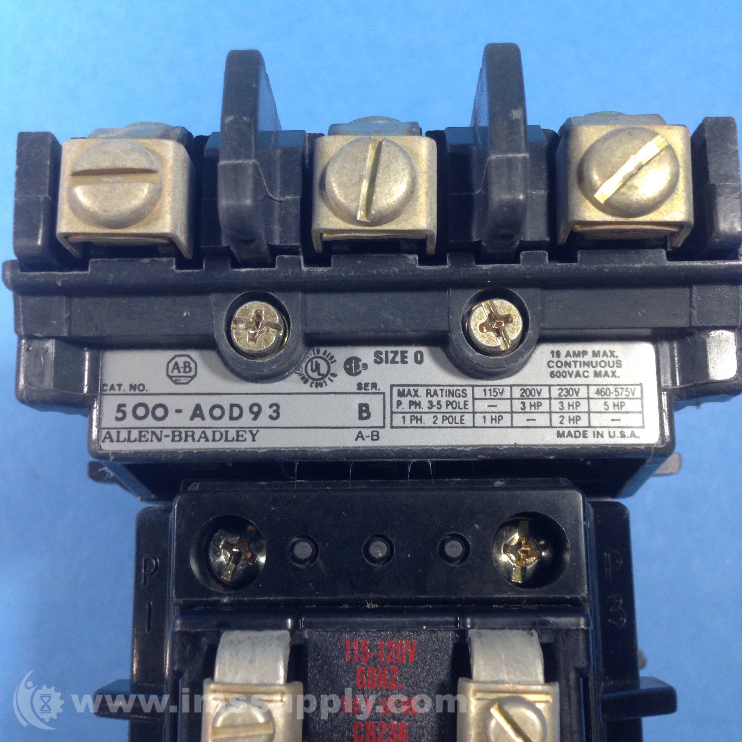 Allen Bradley 500-A0D93 AC Contactor Series B 600VAC 18A 3 Pole - IMS ...