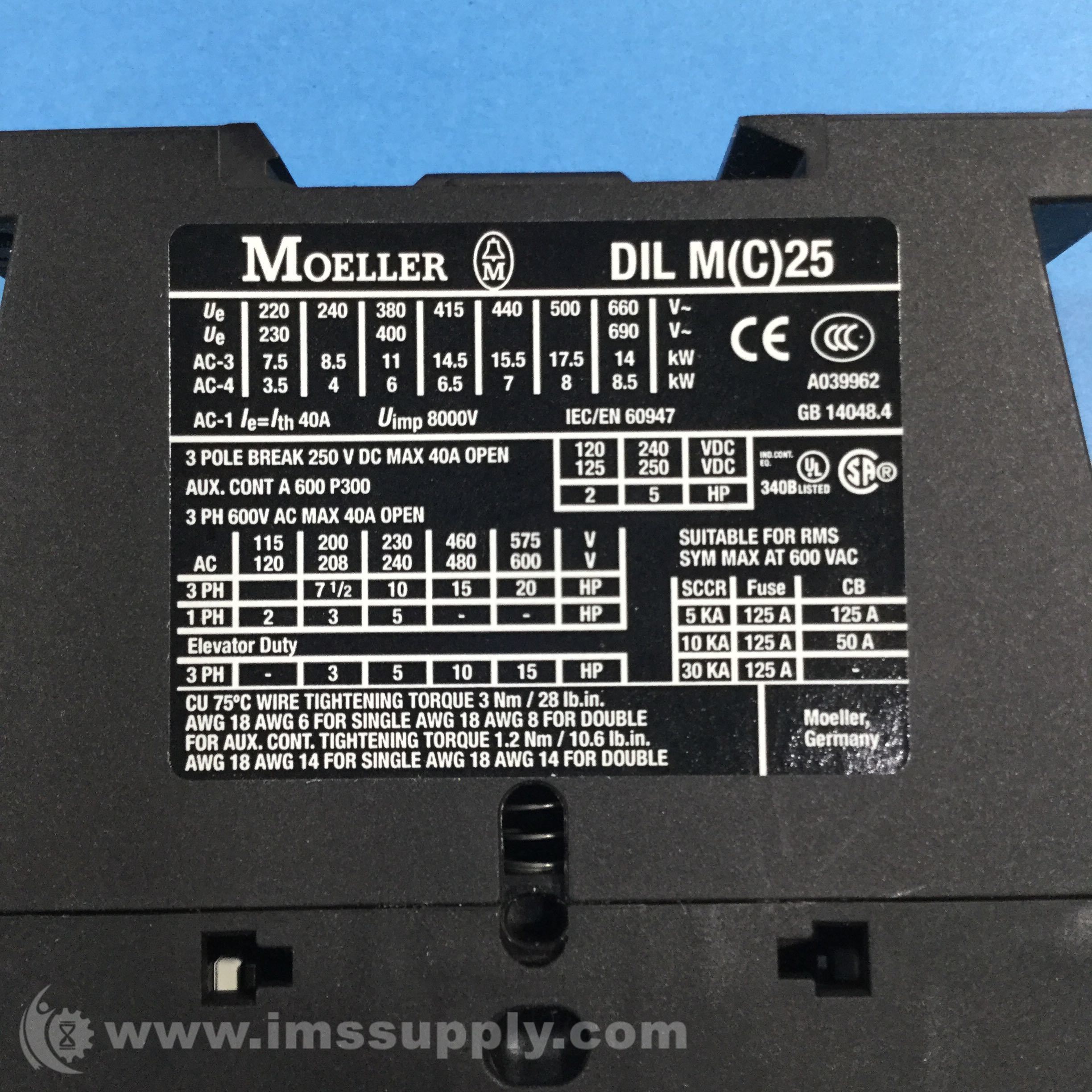 Moeller Electric DIL M 25-01 3-pole, 25 AMP DILM Contactor - IMS Supply