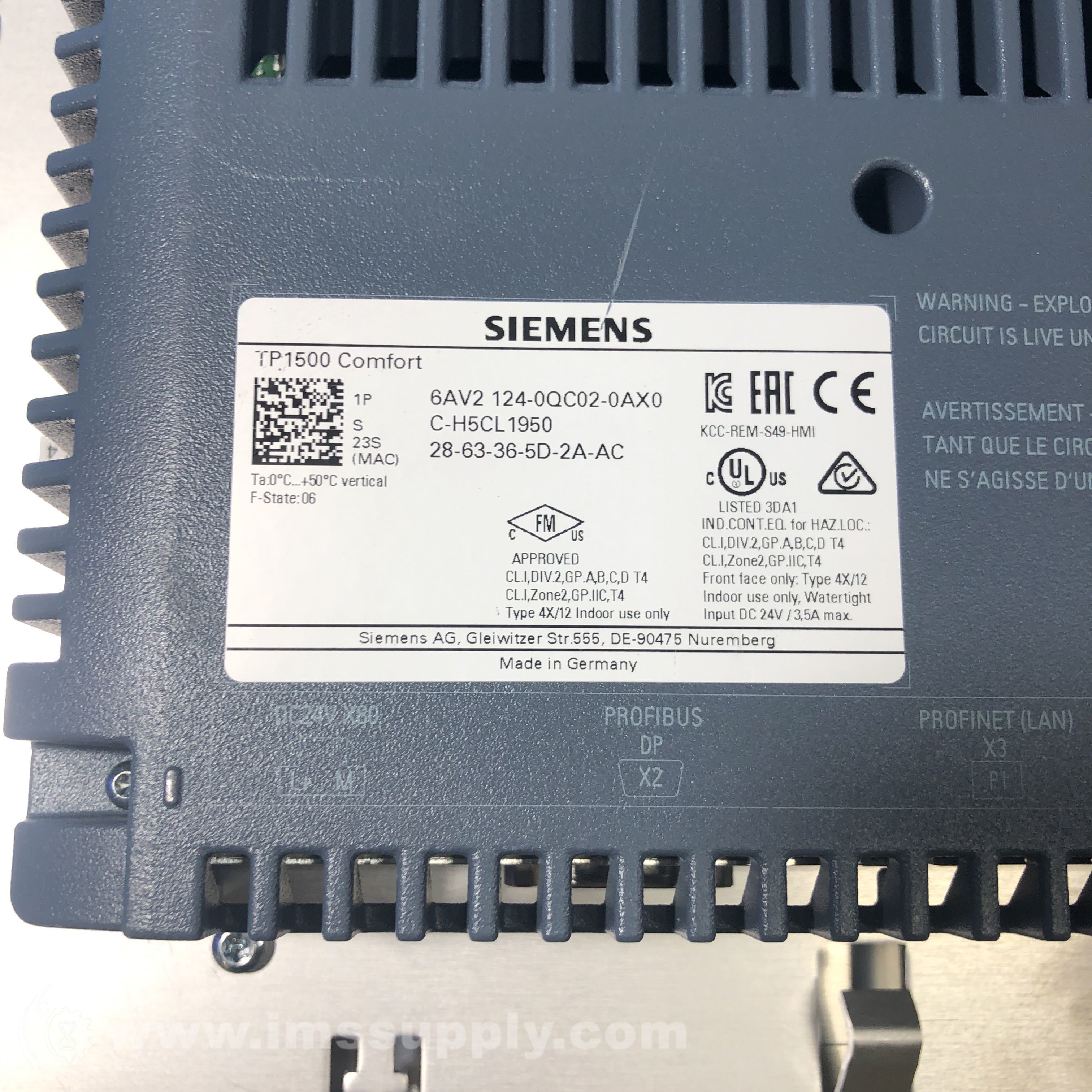 Siemens 6AV2 124-0QC02-0AX0 SIMATIC TP1500 Comfort Panel - IMS Supply