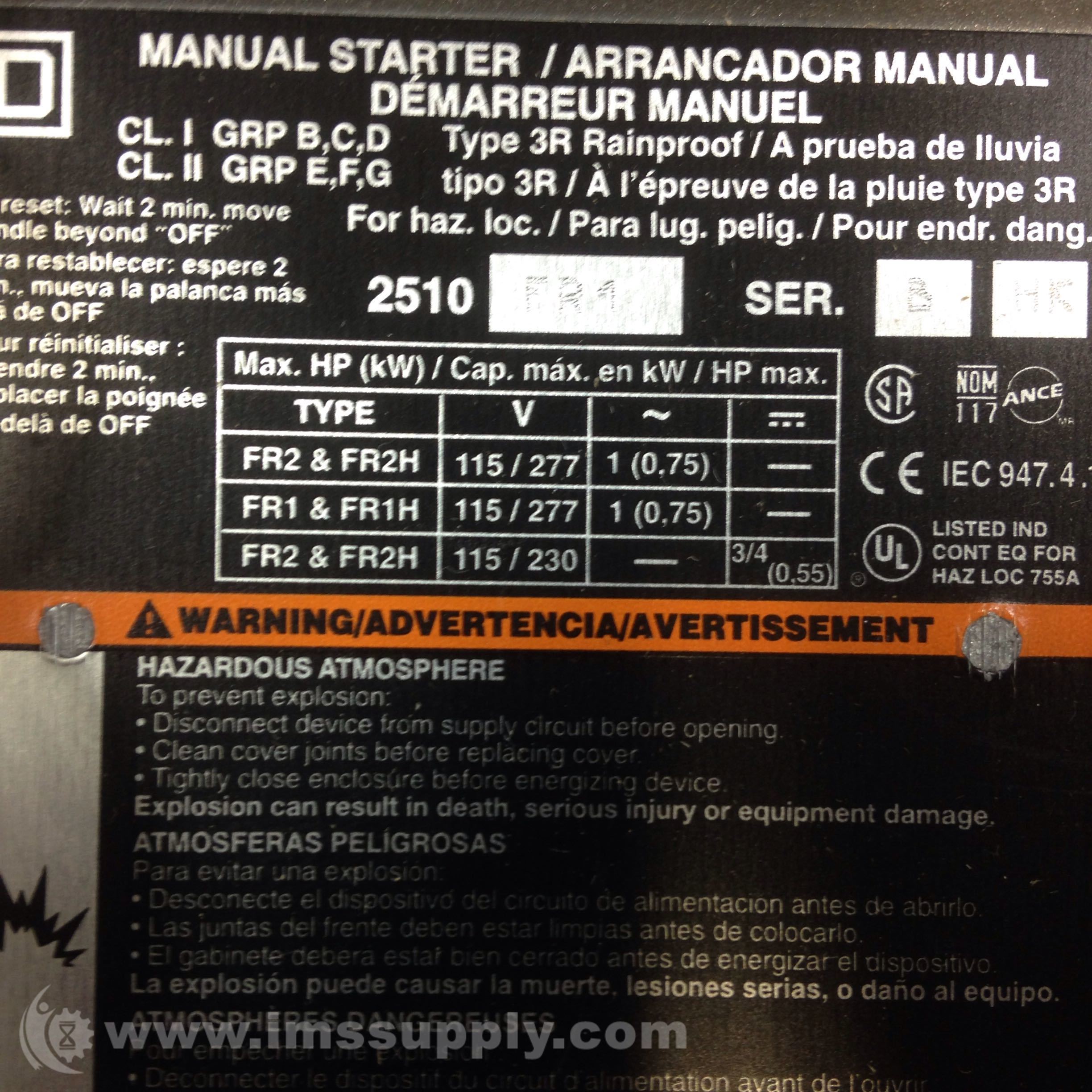 Square D 2510FR1 16 A 277 VAC Manual Motor Starter - IMS Supply