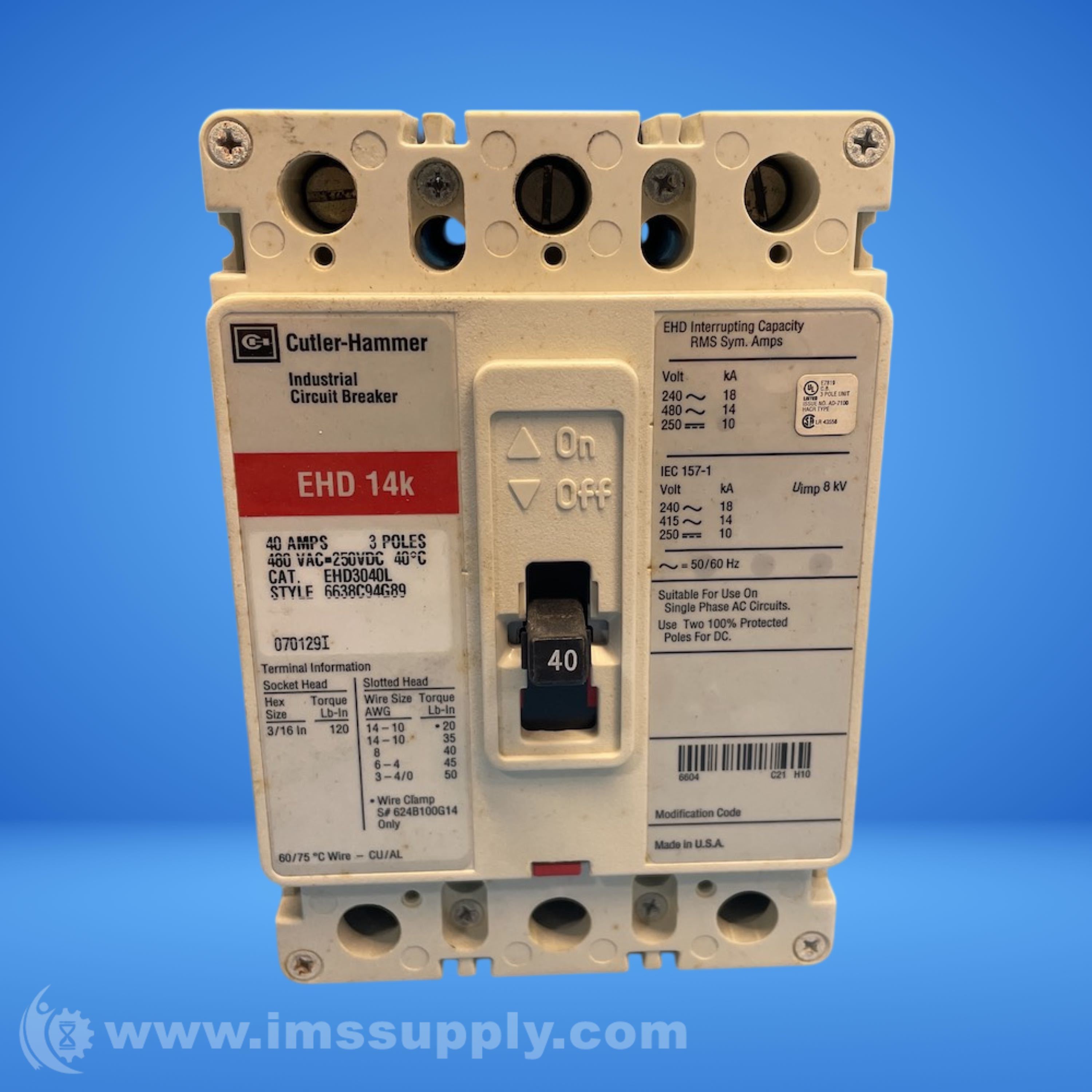 Cutler Hammer EHD3040L,Circuit Breaker 40AMP 3Pole 480VAC 250VDC - IMS ...