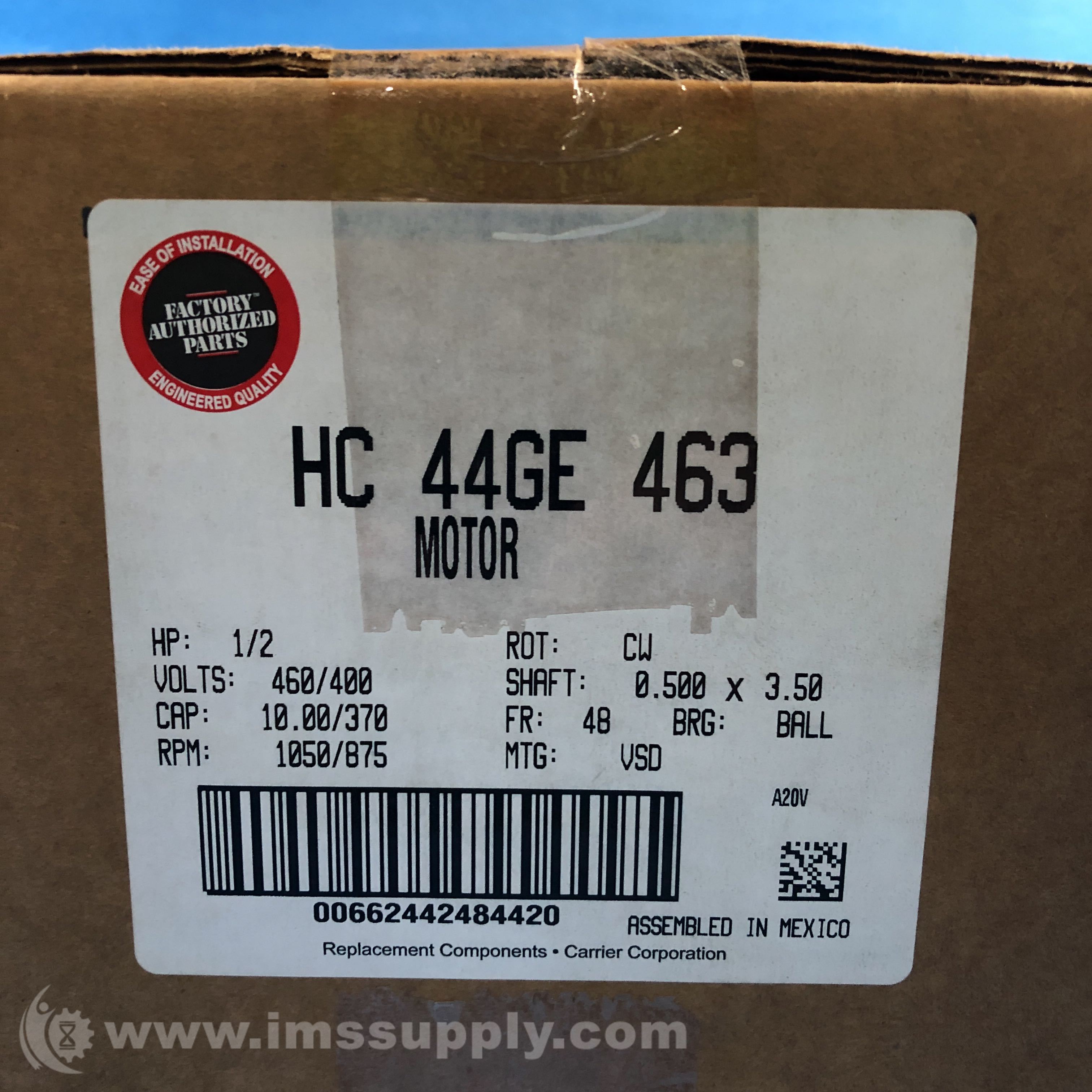 Carrier HC44GE463 Motor, 1/2 HP, 460V, 1-Phase, 10500-850 rpm - IMS Supply