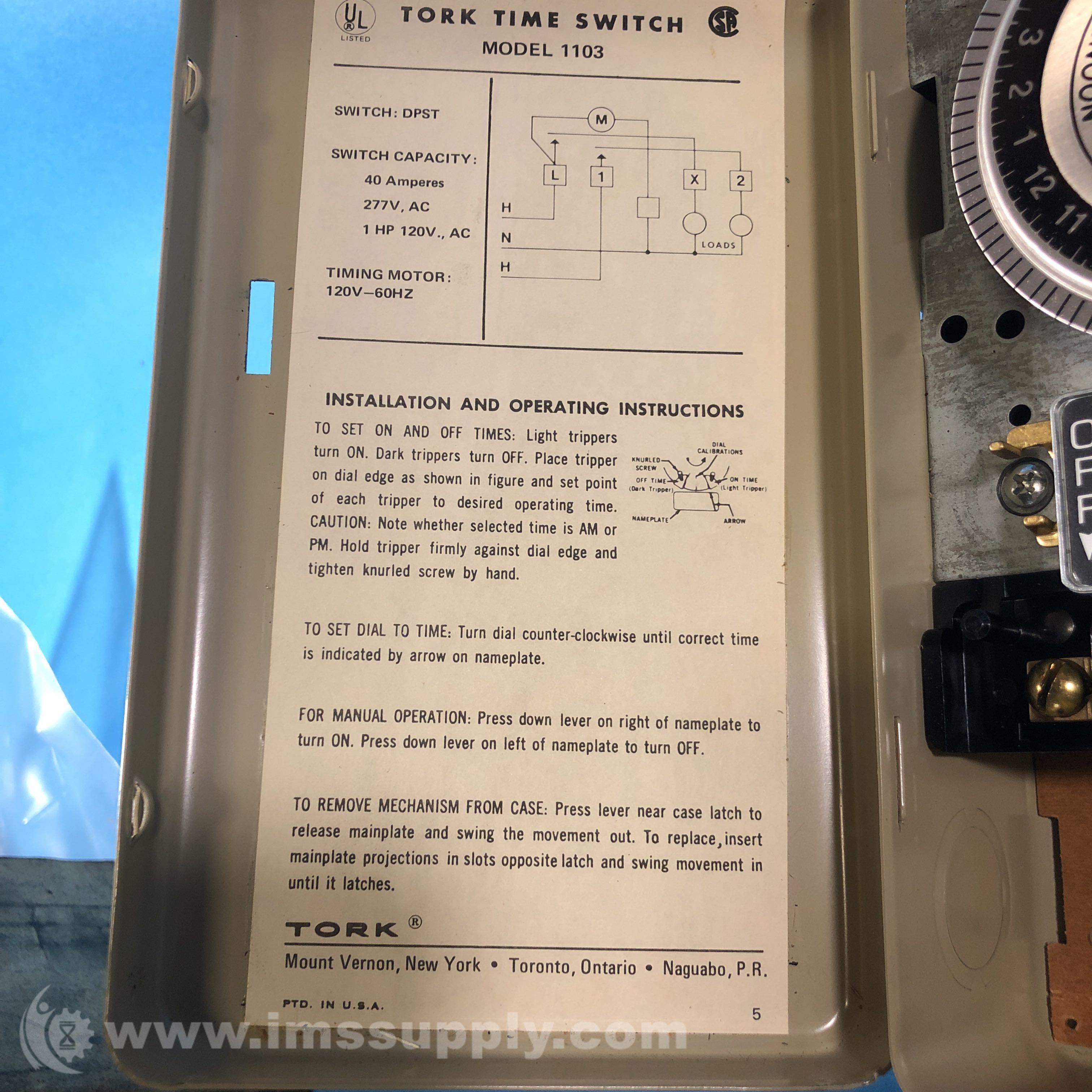 Tork 1103 120v 24-Hour Timer, DPST, Time Switch - IMS Supply