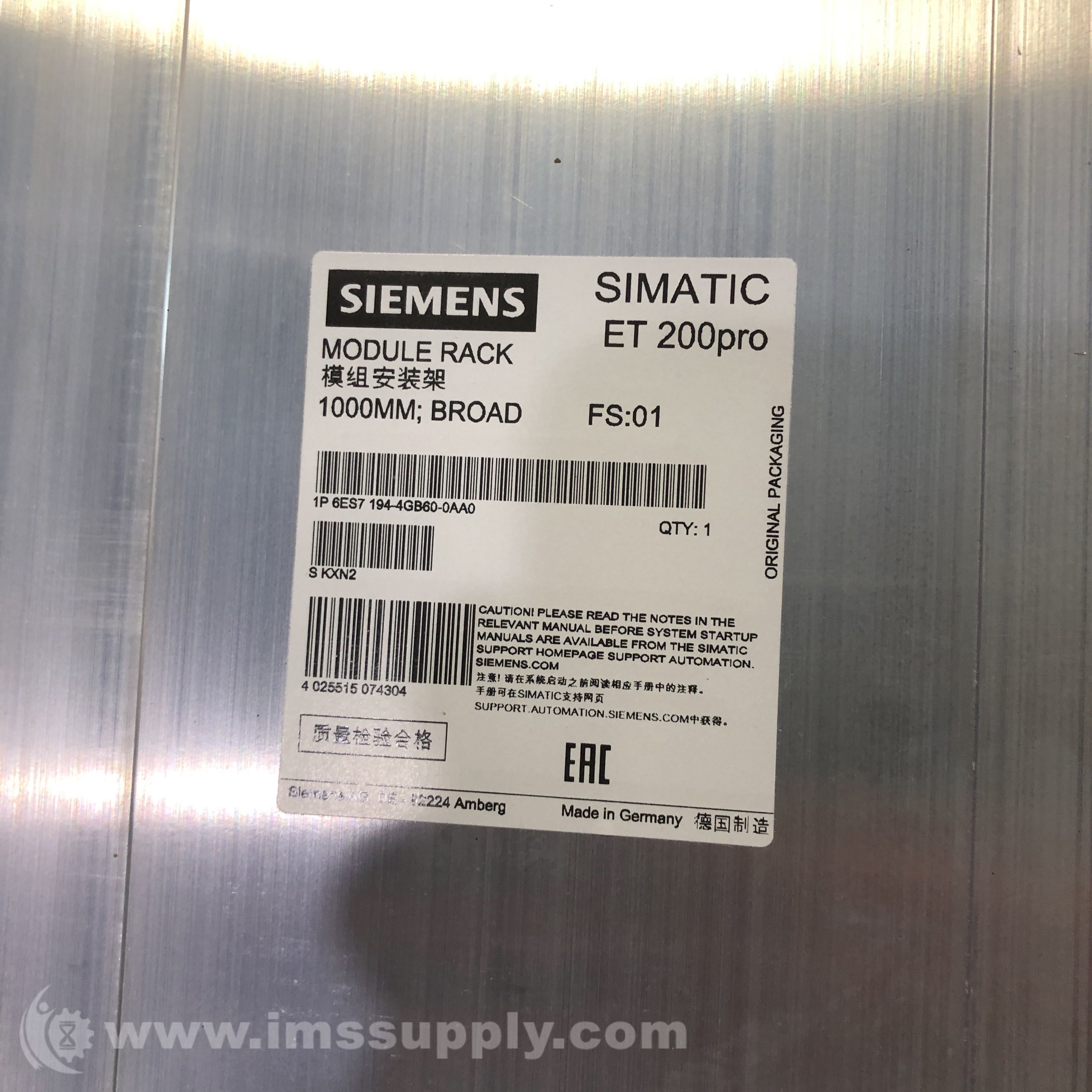 Siemens 6ES7194-4GB60-0AA0 Module Rack, Simatic ET 200pro - IMS Supply