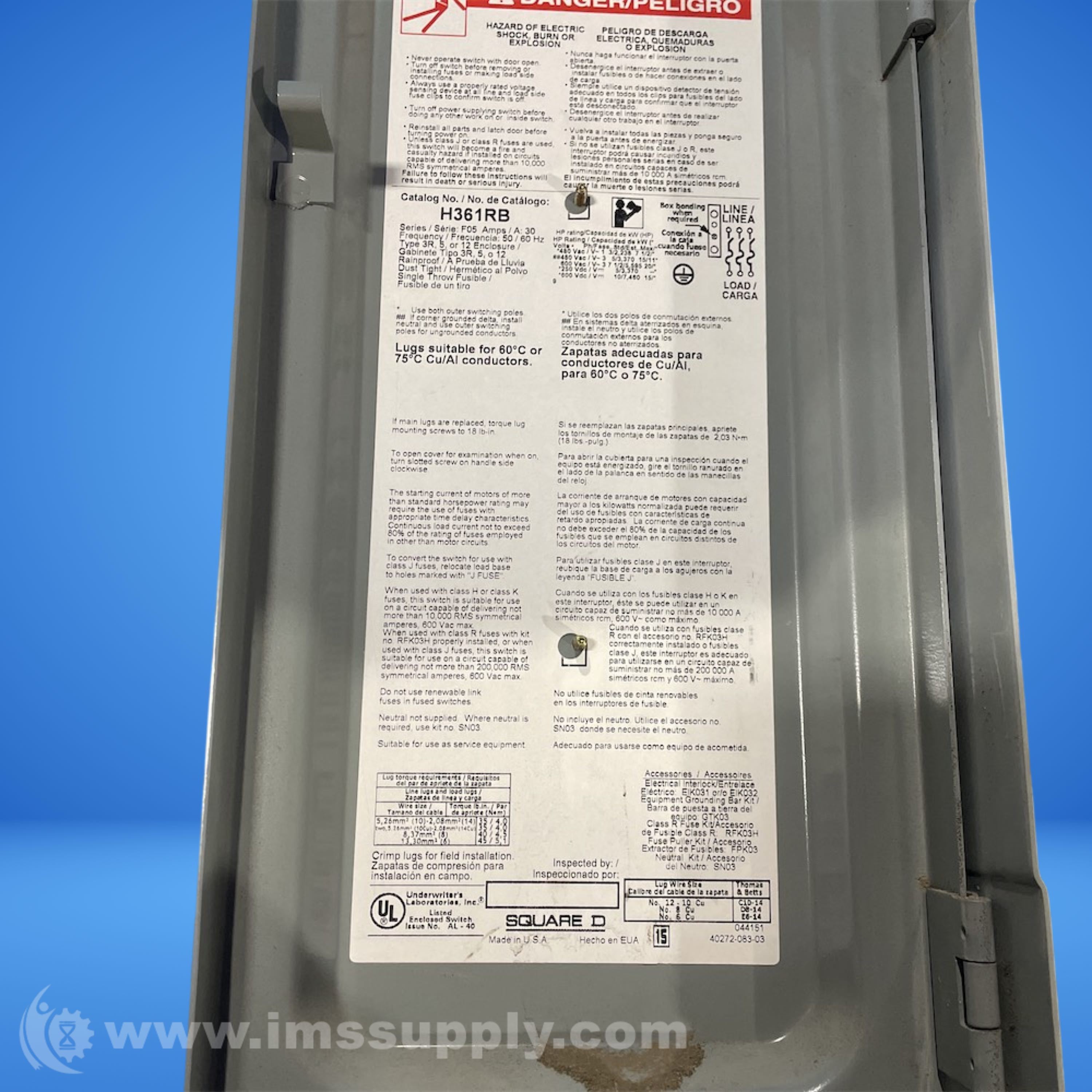 Square D H361RB 30A Fusible Safety Switch - IMS Supply