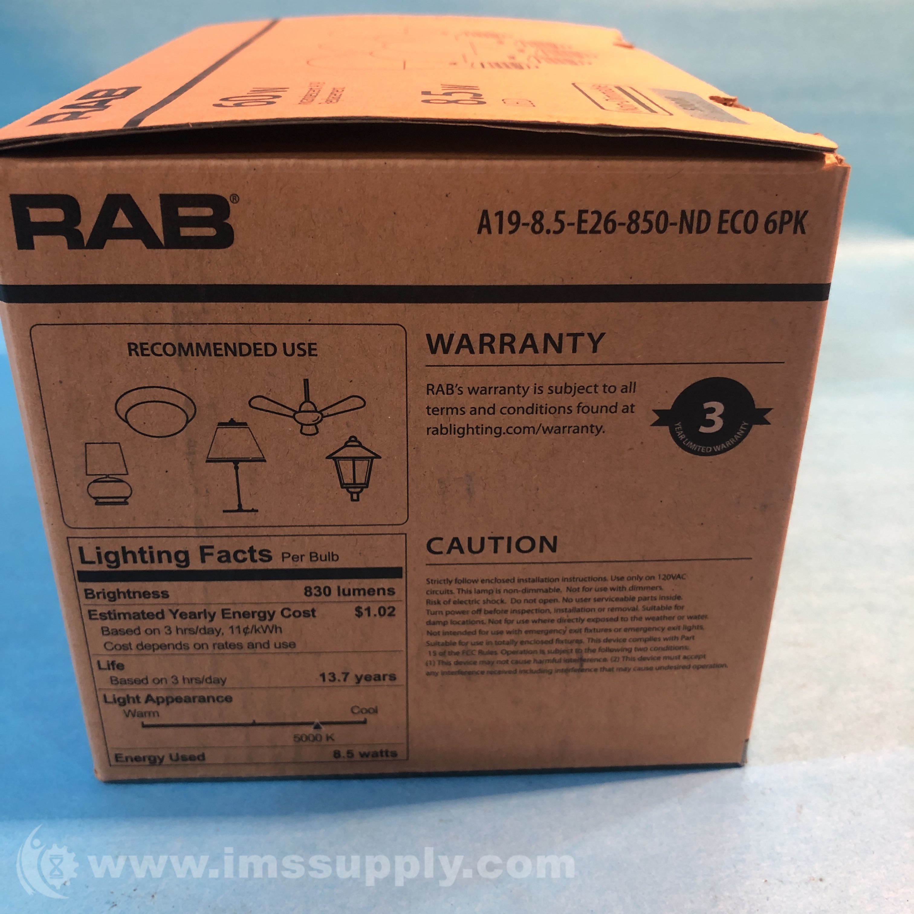 Rab Lighting A19-8.5-E26-850-ND ECO 6PK LED Light Bulbs - IMS Supply