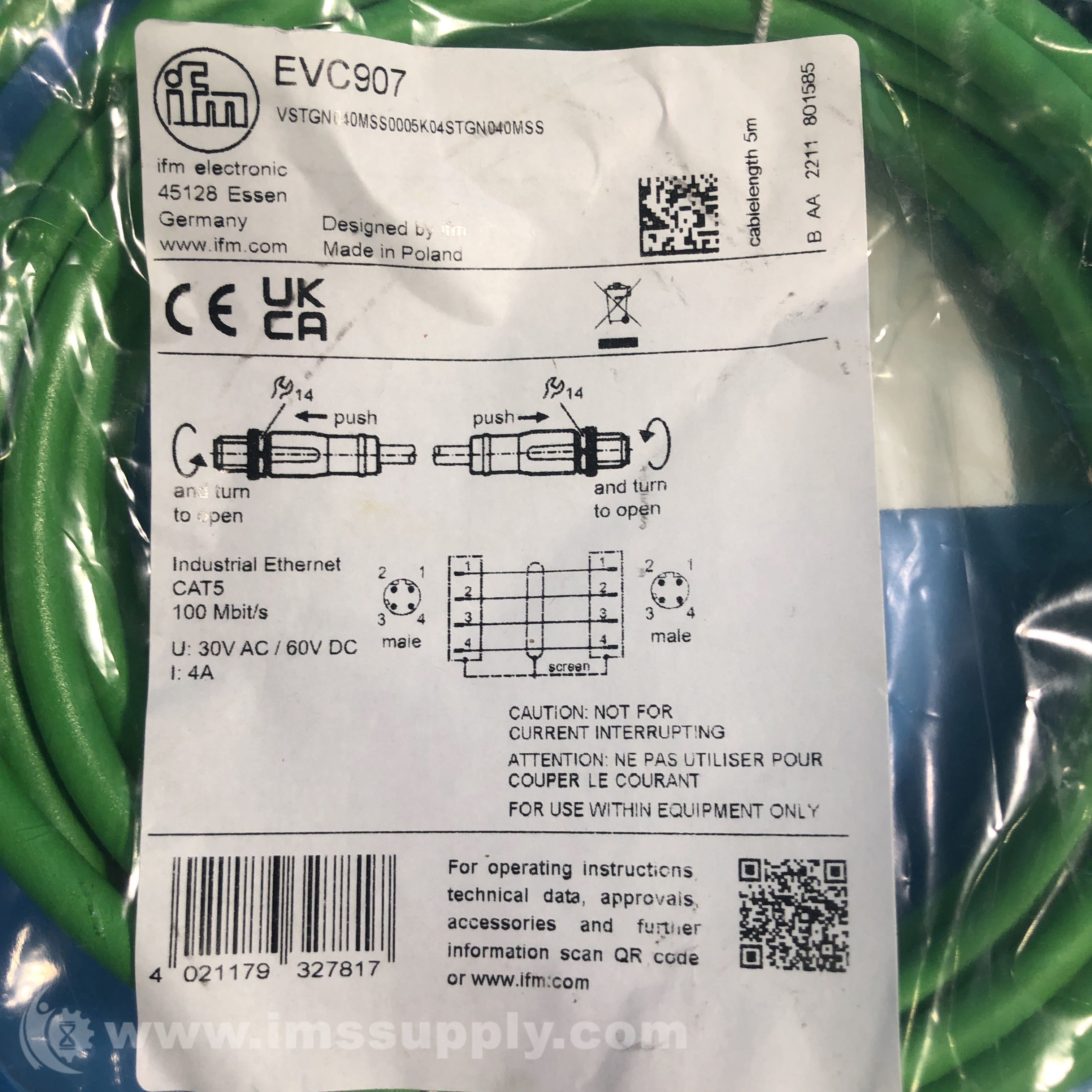 IFM EVC907 Ethernet Cable, D-coded M12 - M12, 5m, IP67, Shielded - IMS Supply