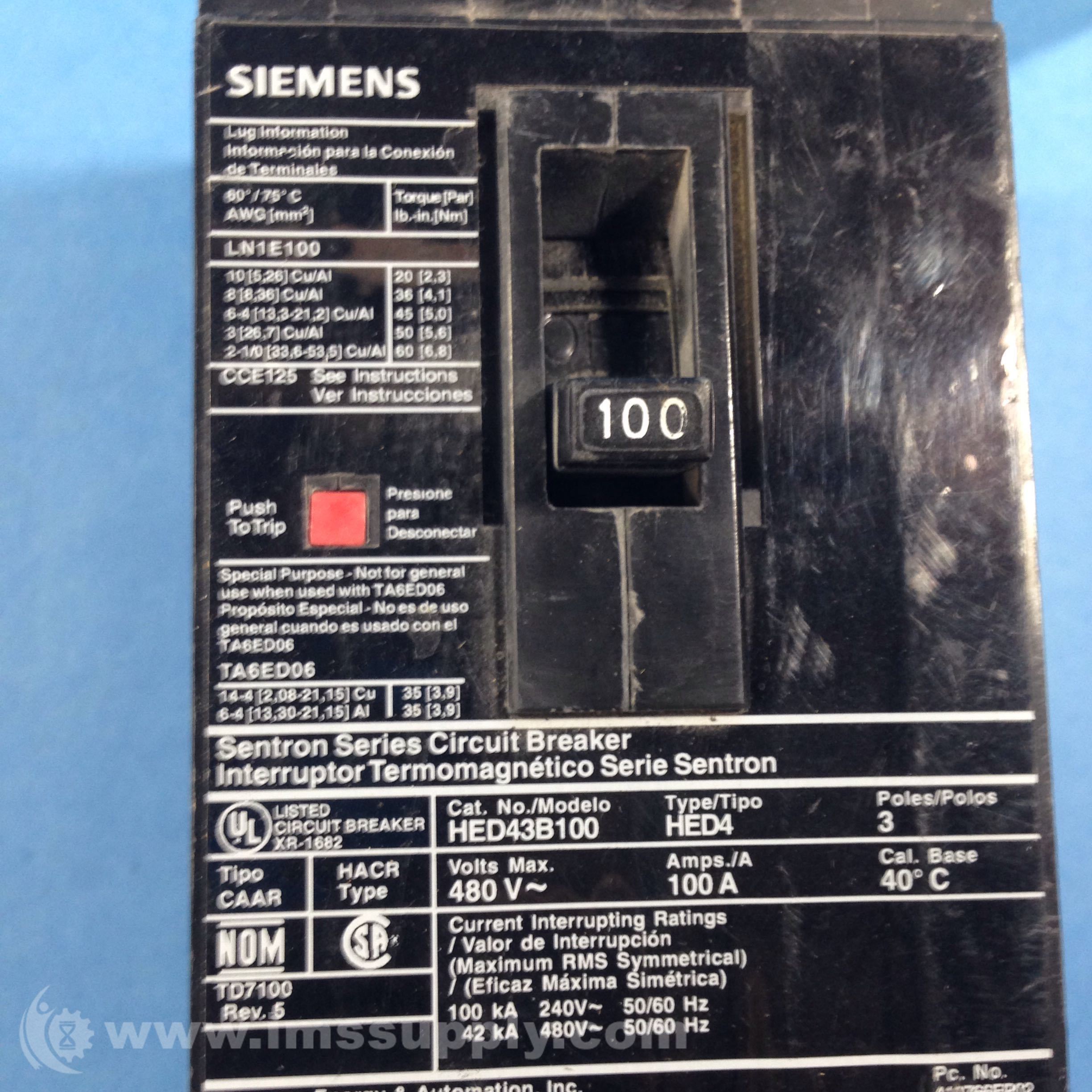 Siemens HED43B100 Circuit Breaker 3 Poles 100A 480V 42KA - IMS Supply